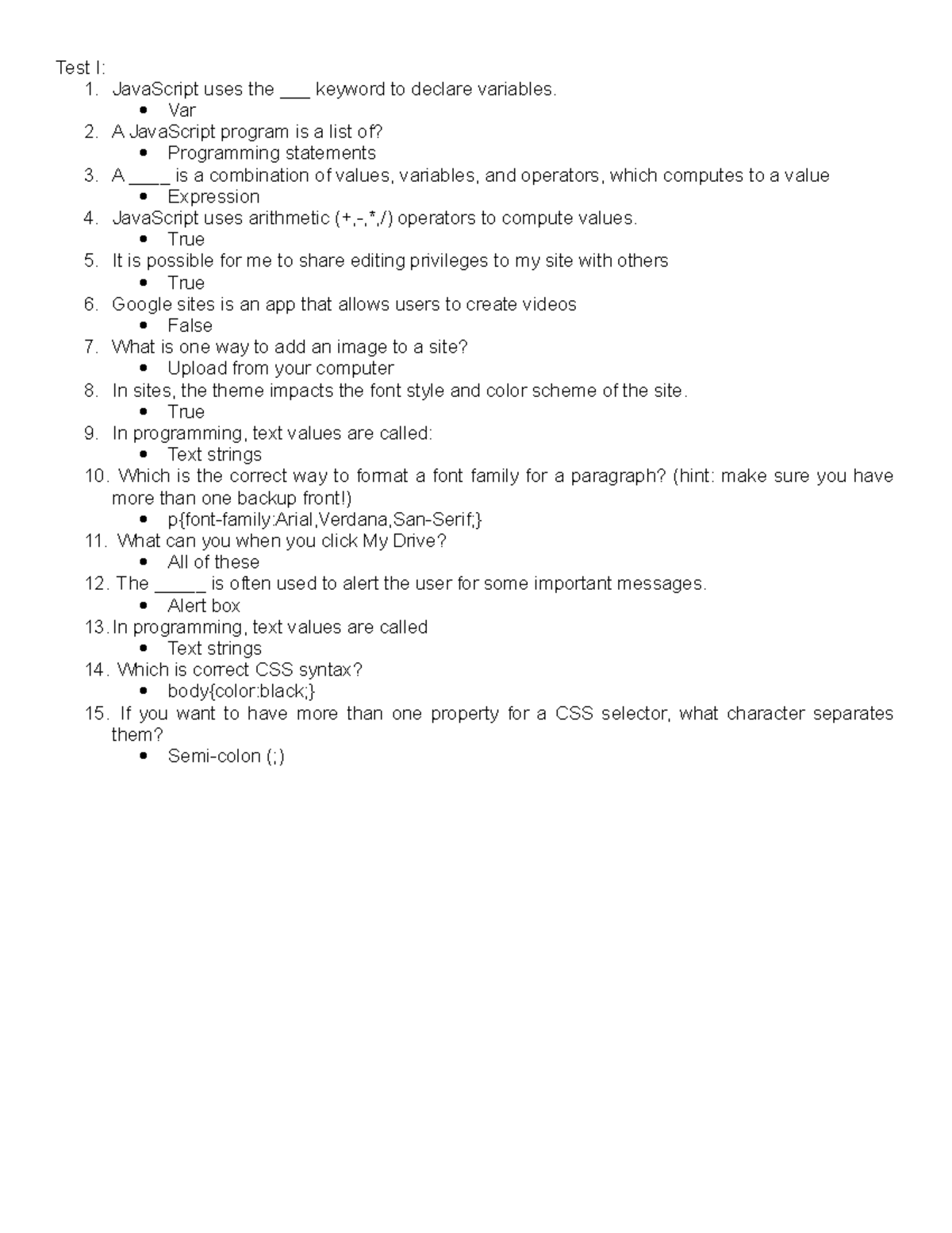 ICT-Q3 - ICT ICT ICT - Test I: 1. JavaScript uses the ___ keyword to ...