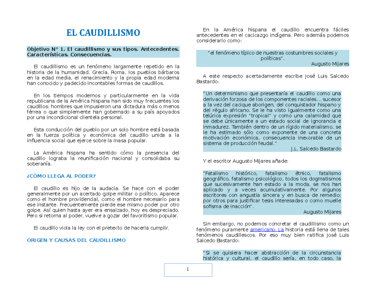 Historia Contemporánea DE Venezuela - EL CAUDILLISMO Objetivo N° 1. El ...