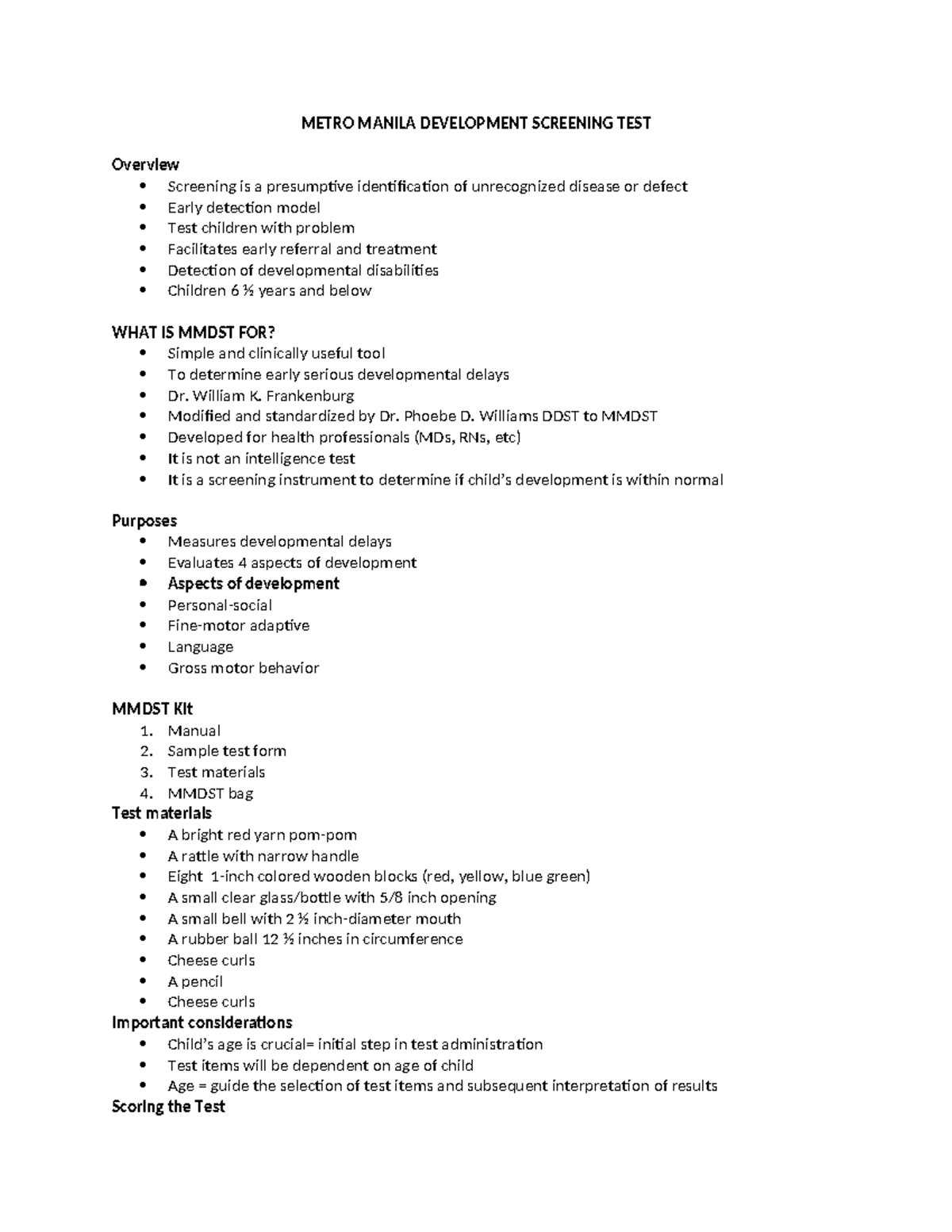 Assessment - METRO MANILA DEVELOPMENT SCREENING TEST Overview Screening ...