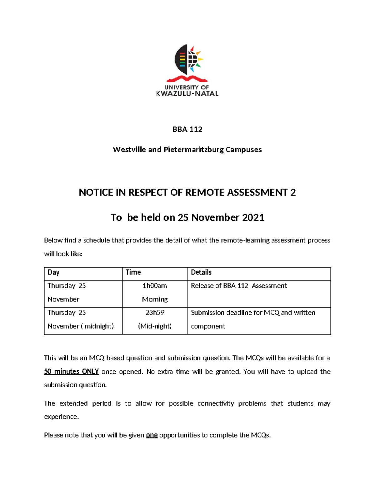 NB BBA 112 Notice for Remote Assessment 2 2021 - BBA 112 Westville and ...
