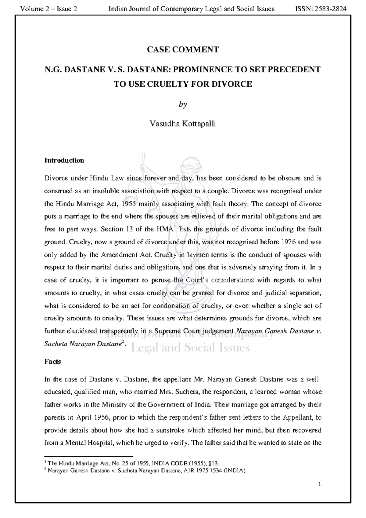 Case Comment on N.G. Dastane V. S. Dastane Prominence To Set Precedent To Use Cruelty For ...