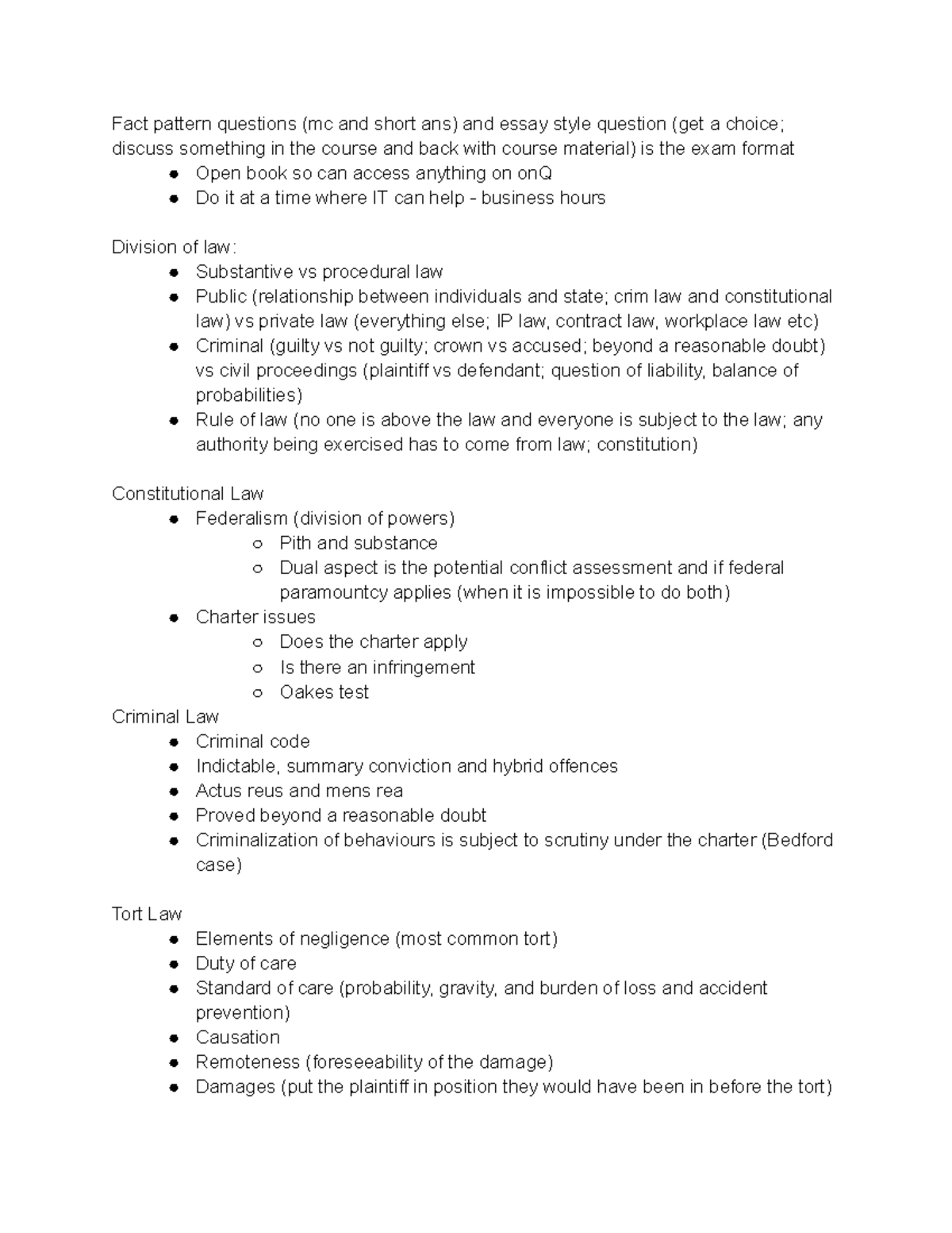 LAW 201 Course Review Cheat Sheet - Fact pattern questions (mc and ...