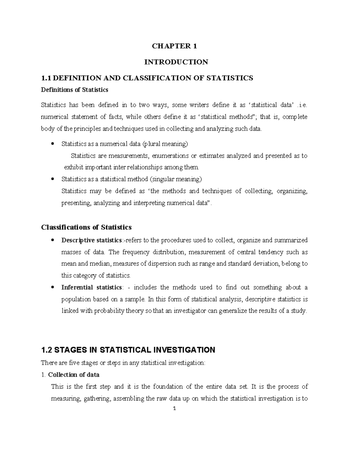 Chapter 1-4 - CHAPTER 1 INTRODUCTION 1 DEFINITION AND CLASSIFICATION OF STATISTICS Definitions ...