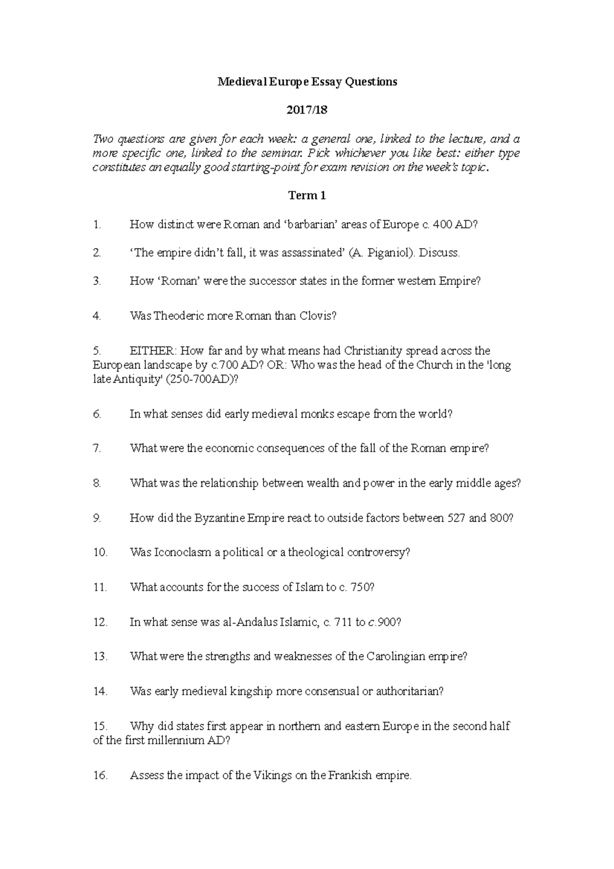 Exam 29 May 2017, questions - Medieval Europe Essay Questions 2017/ Two ...
