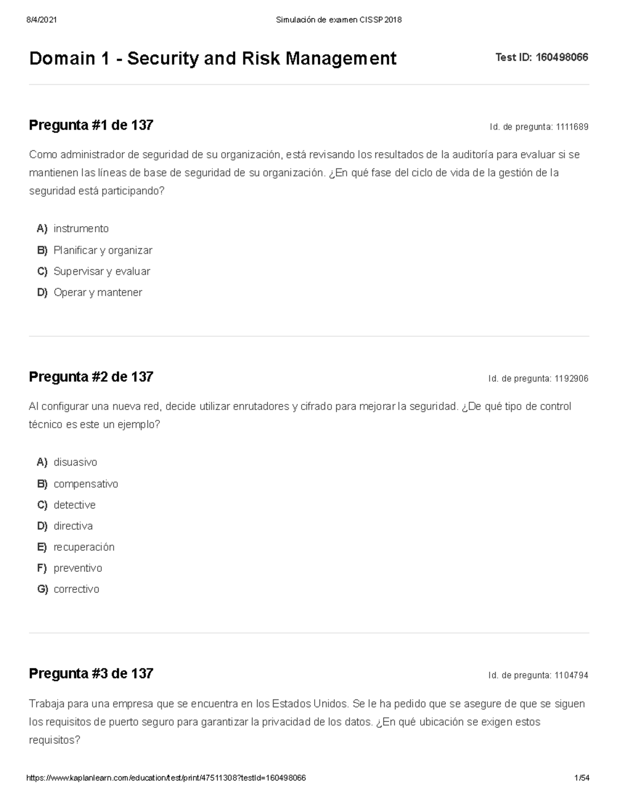 Dominio 1 seguridad y gestion de riesgos solo preguntas - Domain 1 ...