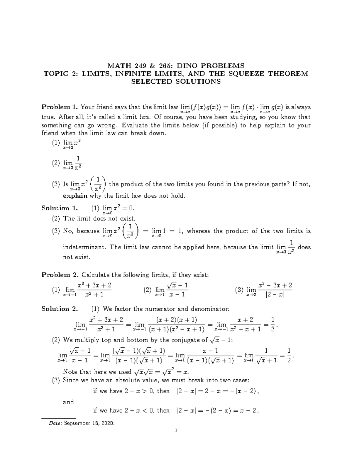 Dino problems for midterm 1 - MATH 249 & 265: DINO PROBLEMS TOPIC 2: LIMITS, INFINITE LIMITS ...