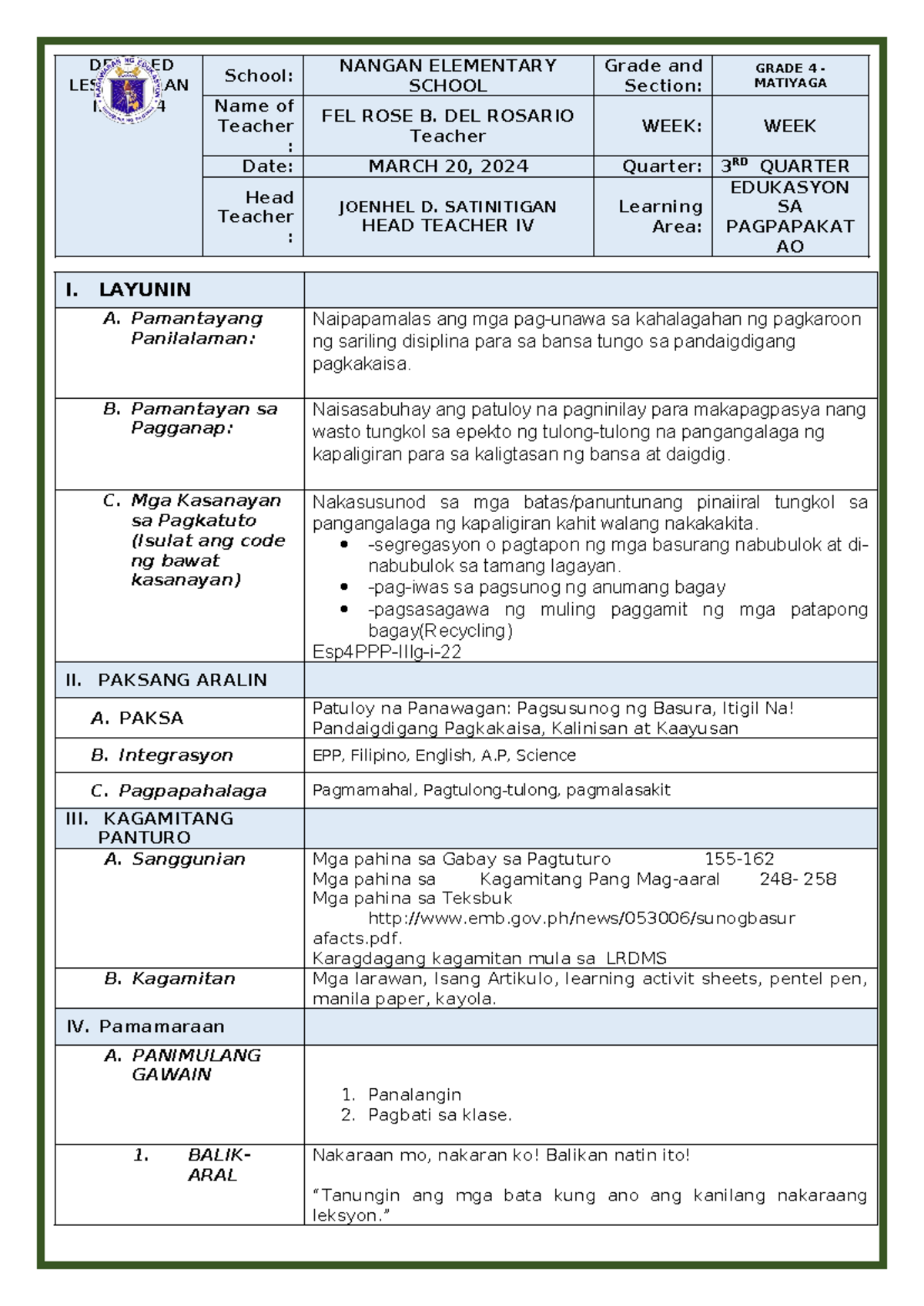 COT 2- ESP IV - used for demo teaching - DETAILED LESSON PLAN IN ESP 4 School: NANGAN ELEMENTARY ...