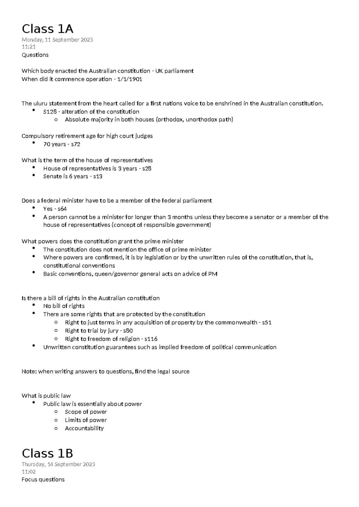All notes ppl t3 - Class 1A Monday, 11 September 2023 11: Questions ...