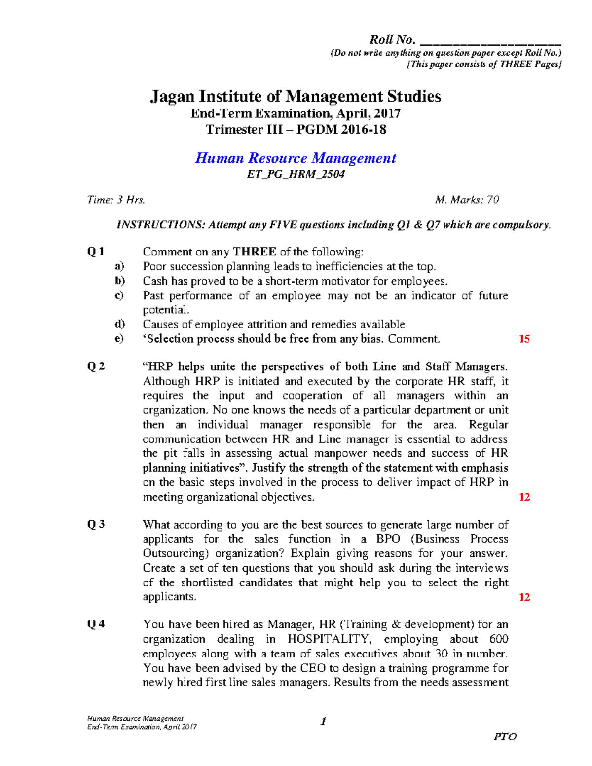 T3 PG HRM 25042017 IT'S THE QUESTION PAPER RELATED HRM - Human Resource ...