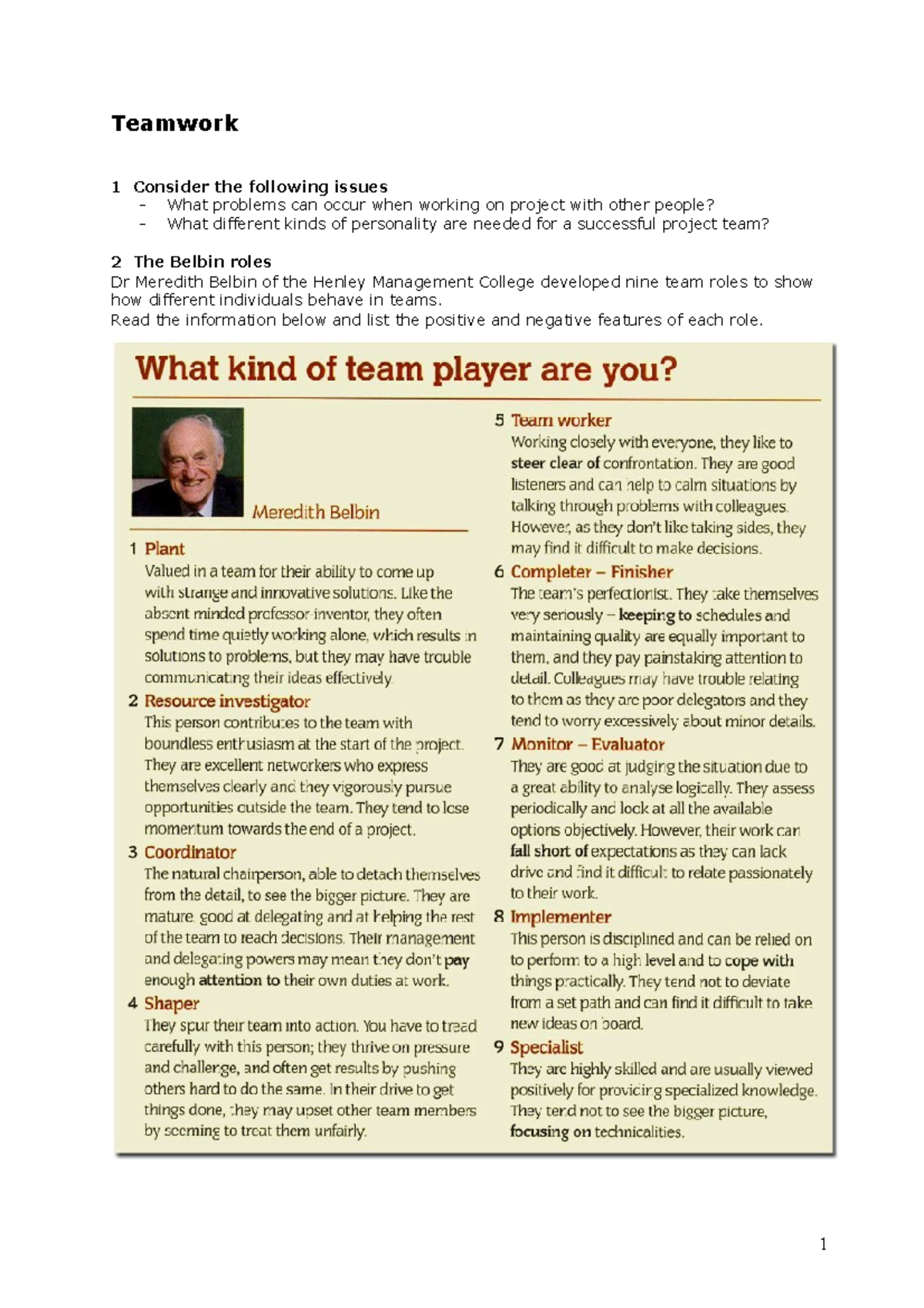 Teamwork handout - oefening - 1 Teamwork 1 Consider the following ...