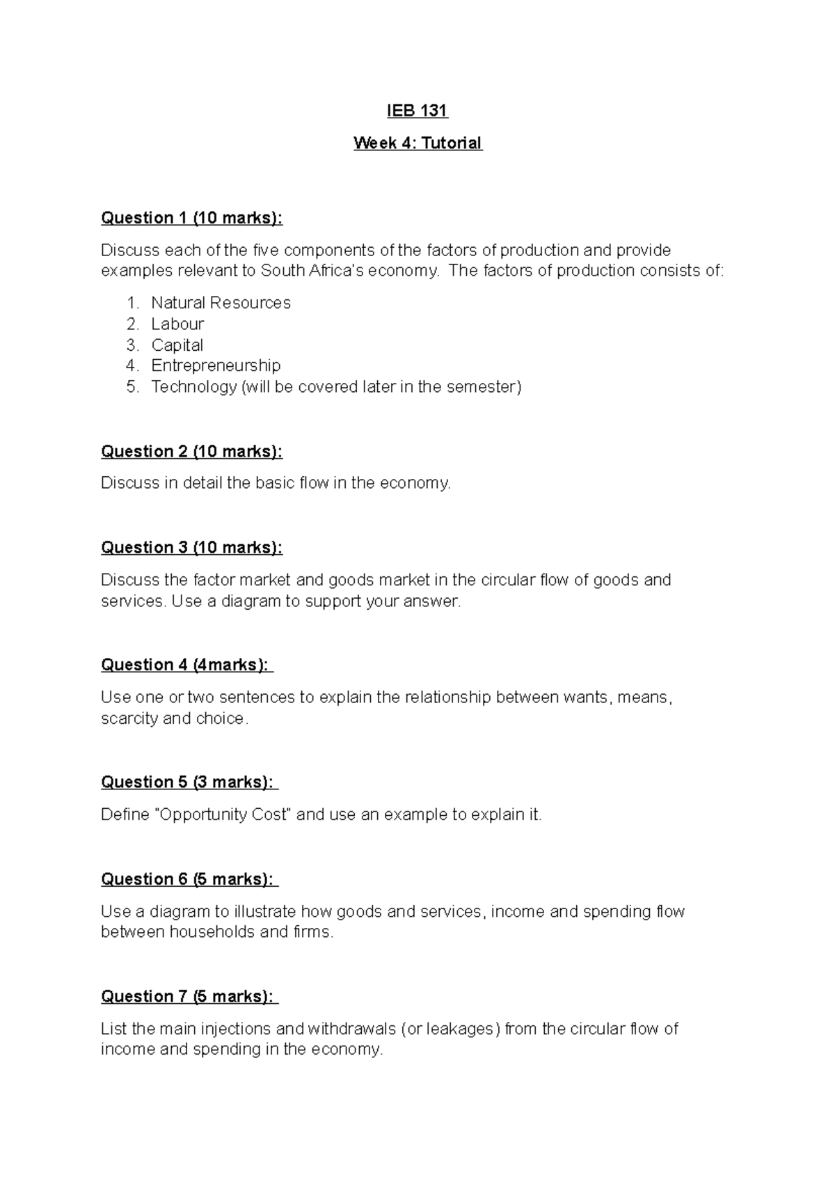 IEB 131 Week 4 Tutorial Exercise - IEB 131 Week 4: Tutorial Question 1 ...