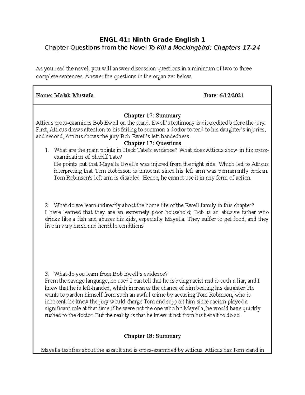 Chapter questions 3 - ms dkmf dm dm md md - ENGL 41: Ninth Grade ...