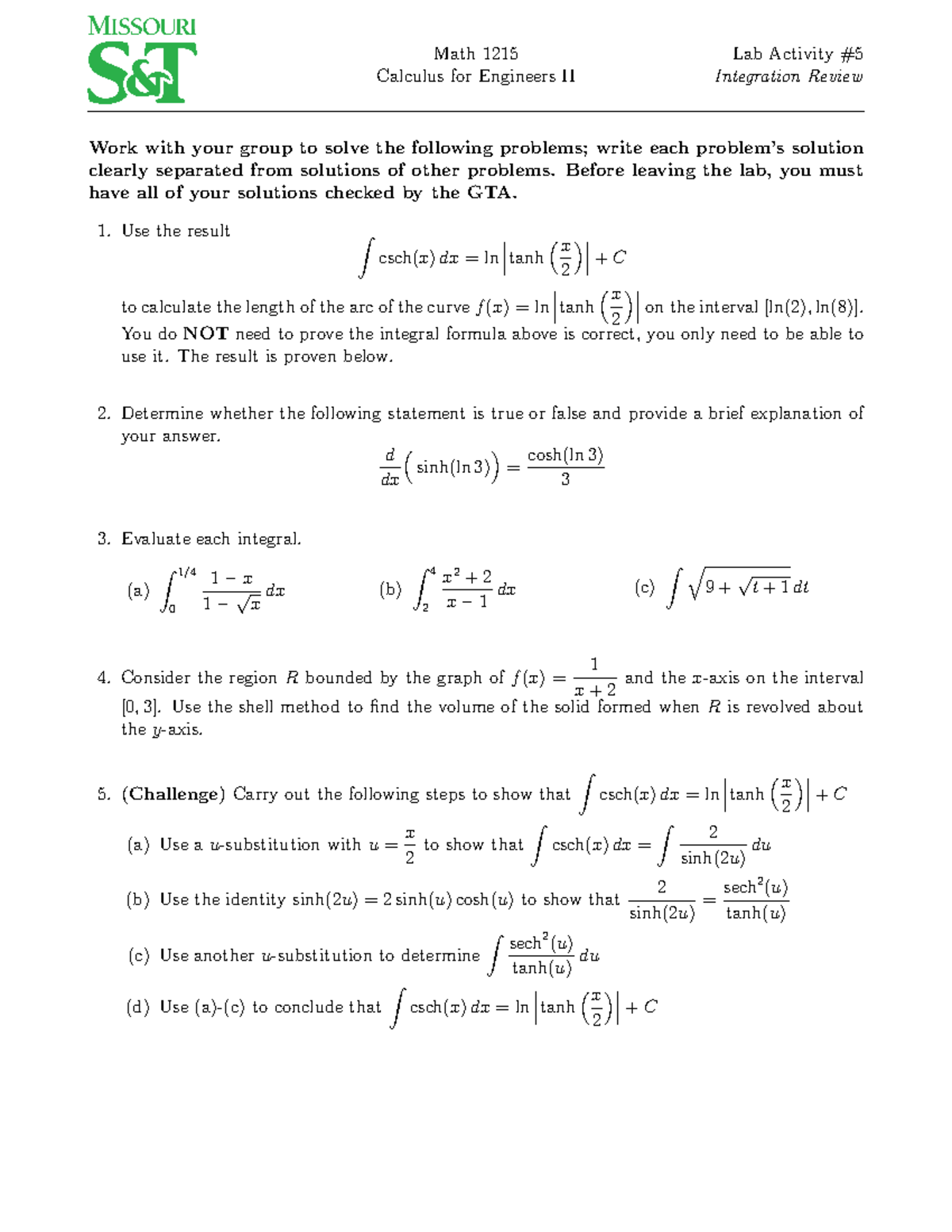 Calculus II - lab sheet - Math 1215 Calculus for Engineers II Lab Activity # Integration Review ...