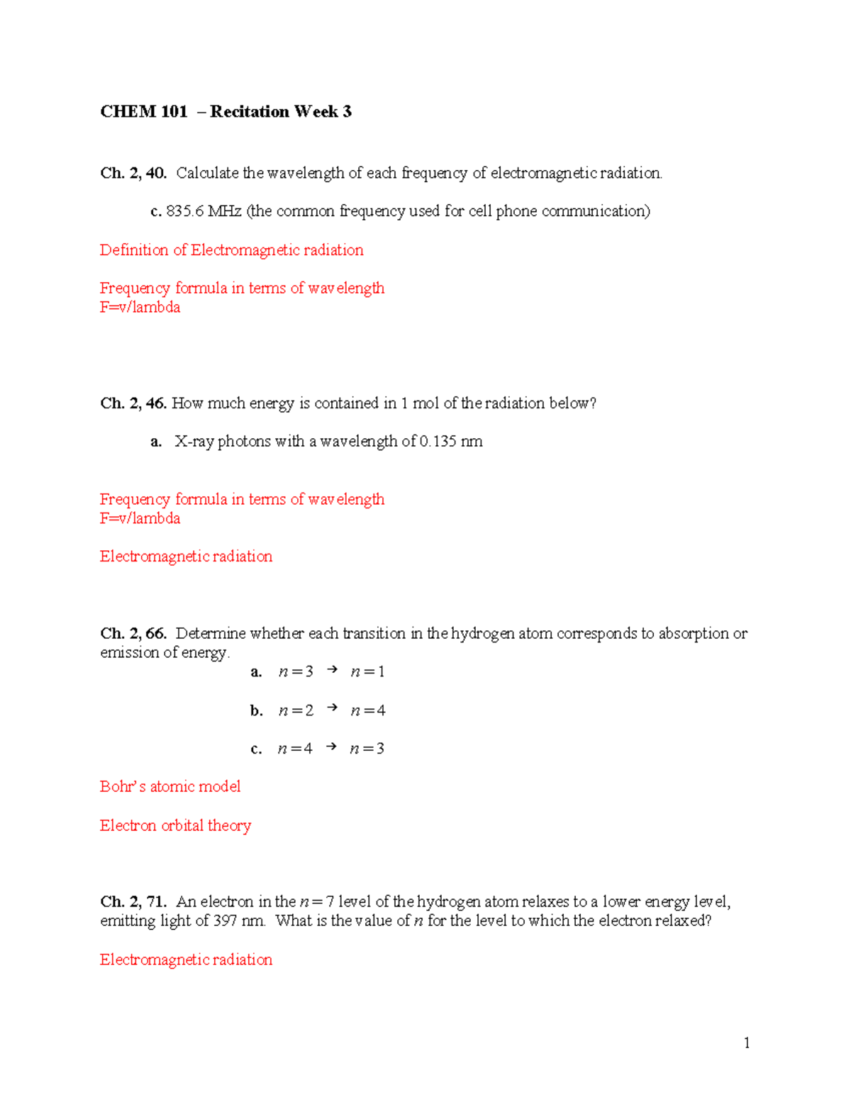 Week 3 - Recitation assignment - CHEM 101 – Recitation Week 3 Ch. 2, 40. Calculate the ...