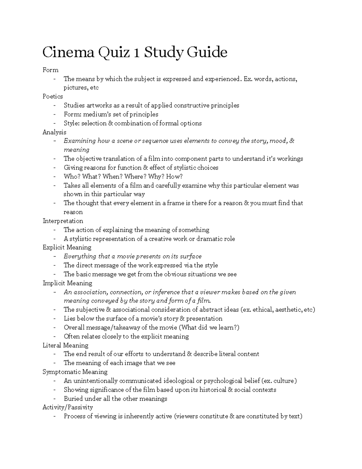 Cinema Quiz 1 Study Guide - Cinema Quiz 1 Study Guide Form - The means ...