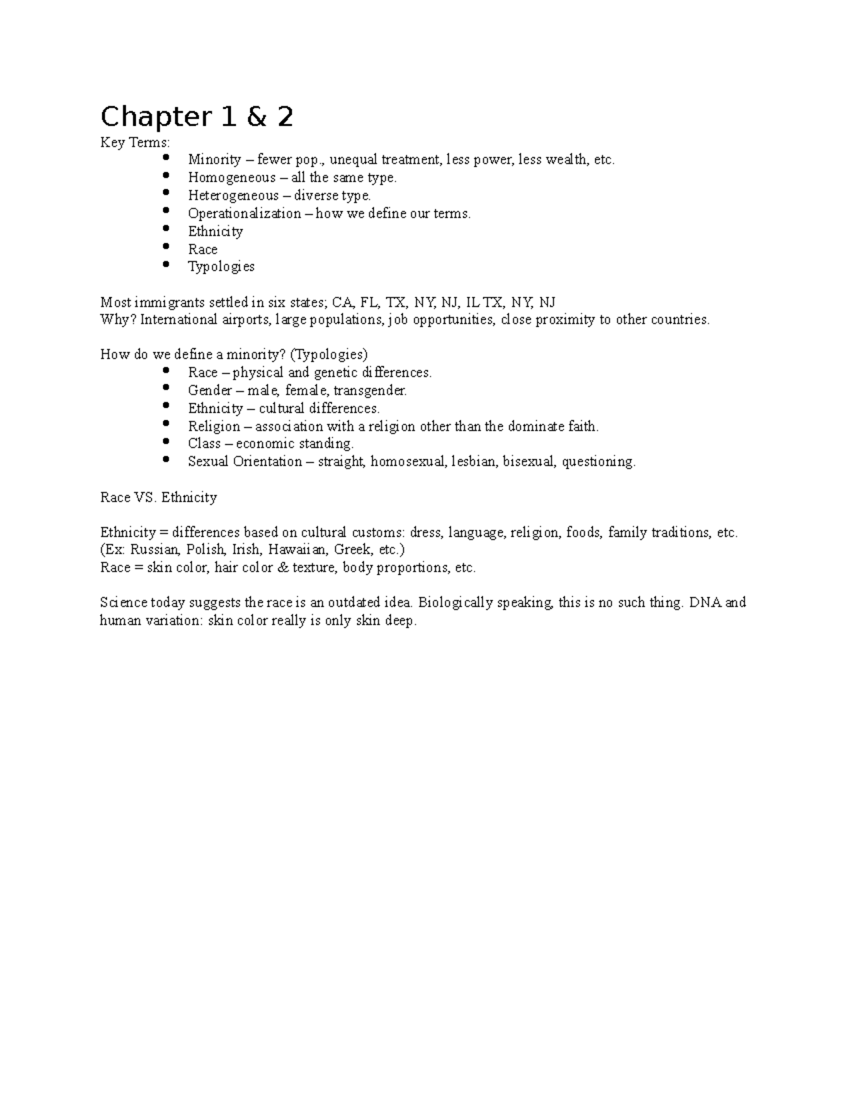 Chapter 1 and 2 - Lecture notes 1-2 - Chapter 1 & 2 Key Terms: Minority ...