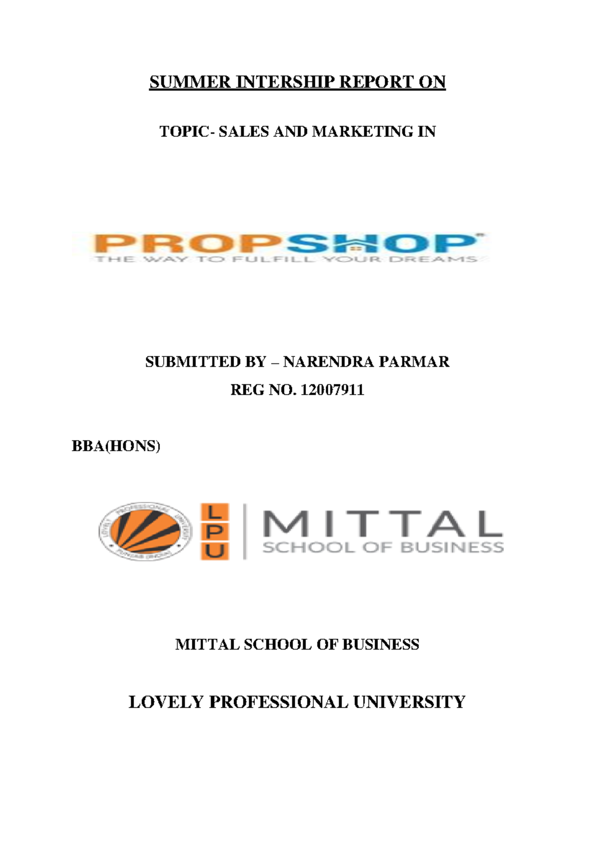 Narender summer report - SUMMER INTERSHIP REPORT ON TOPIC- SALES AND MARKETING IN SUBMITTED BY ...