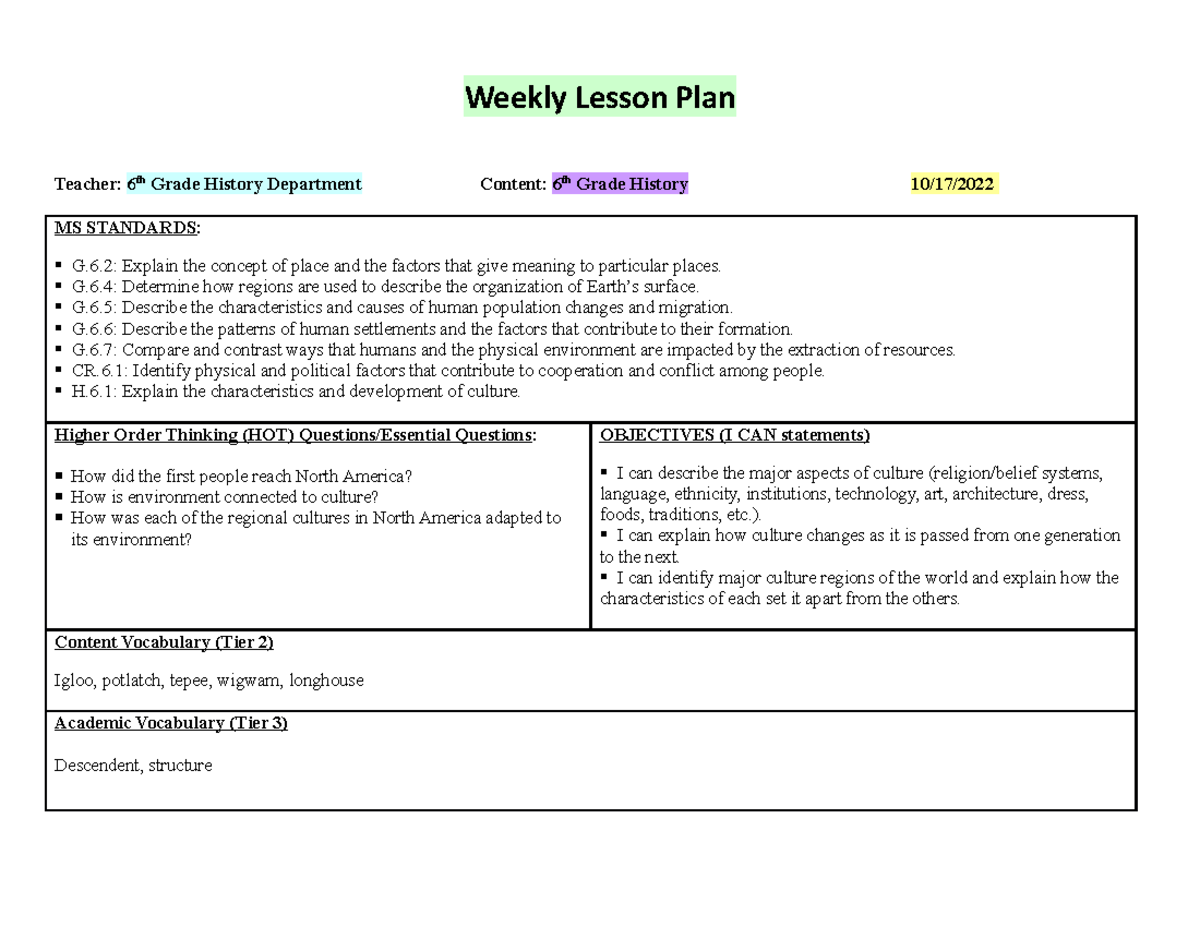 Week 1 Lesson plan (2nd Nine Weeks 2022-2023) - Weekly Lesson Plan ...