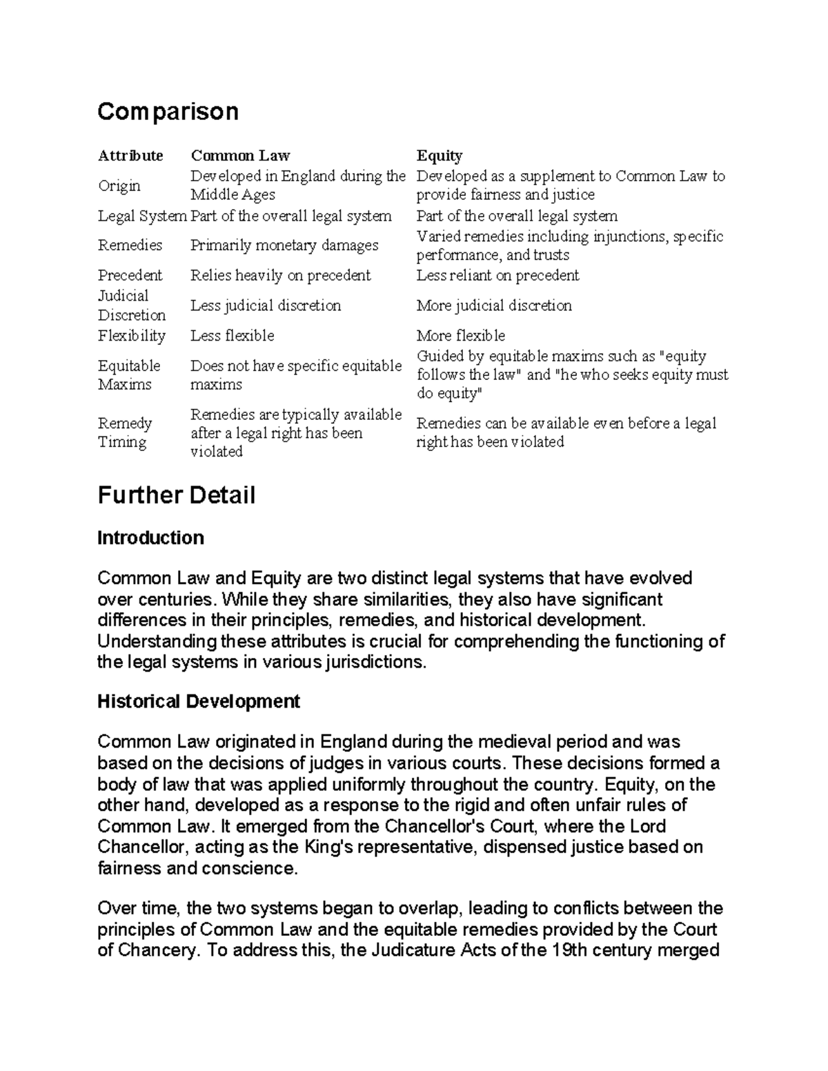 Comparison - notes - Comparison Attribute Common Law Equity Origin ...