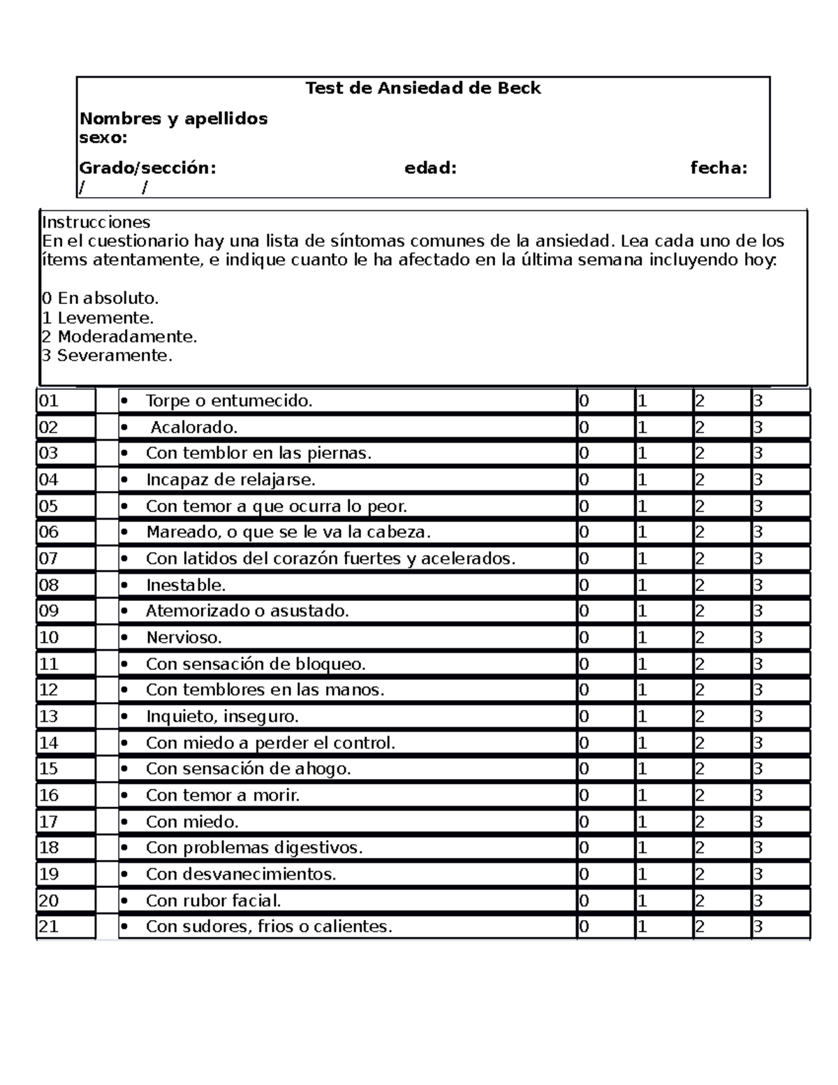 Cuestionario DE BAI - test de bai de aroon beck - Test de Ansiedad de ...