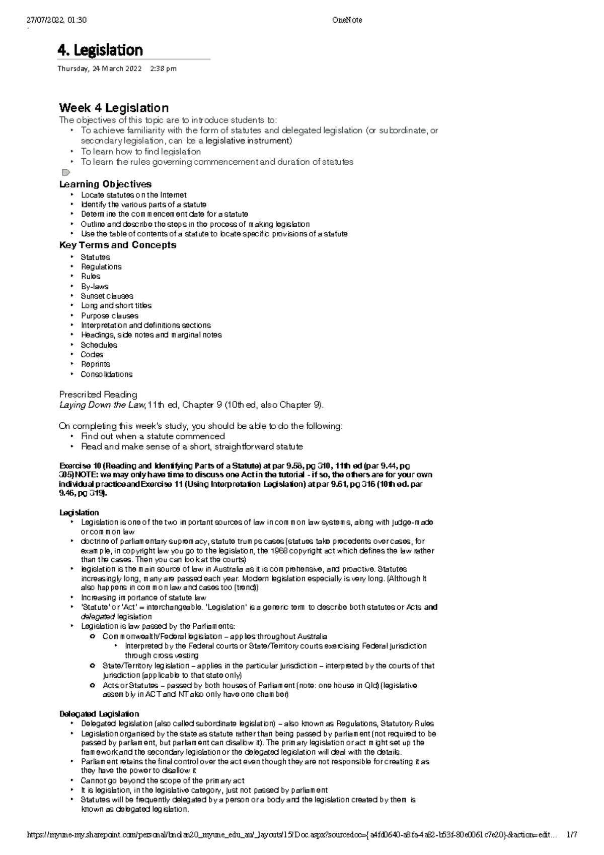 Foundations of Law - Legislation Notes - 4. Legislation Thursday, 24 ...
