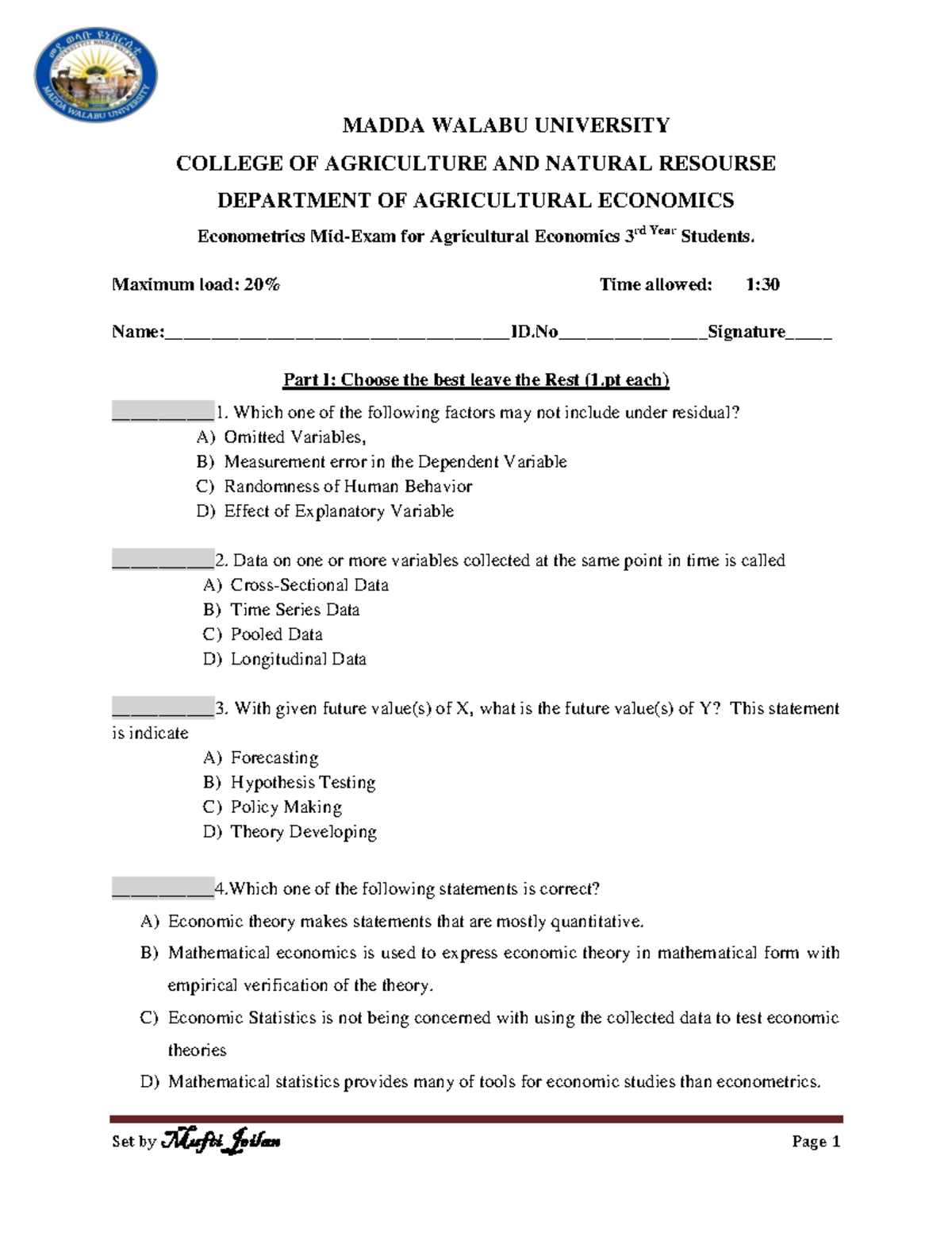 Econometrics Mid Exam c1 - Set by Mufti Jeilan Page 1 MADDA WALABU ...