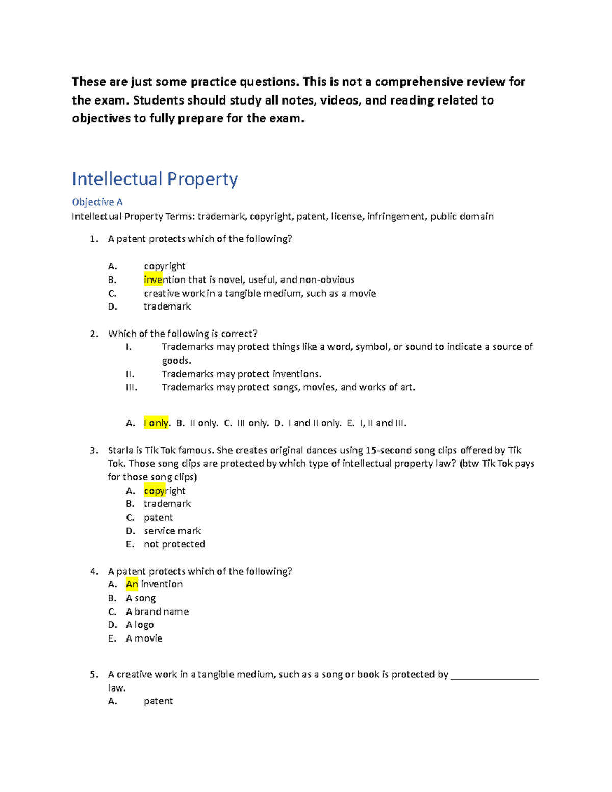 Practice Questions IP & Internet - These are just some practice ...