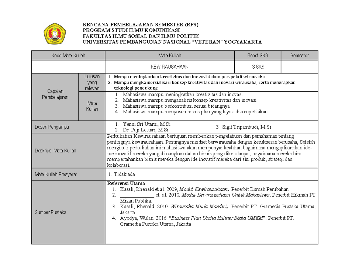 Study Guide Kewirausahaan KKNI 2020 - RENCANA PEMBELAJARAN SEMESTER ...
