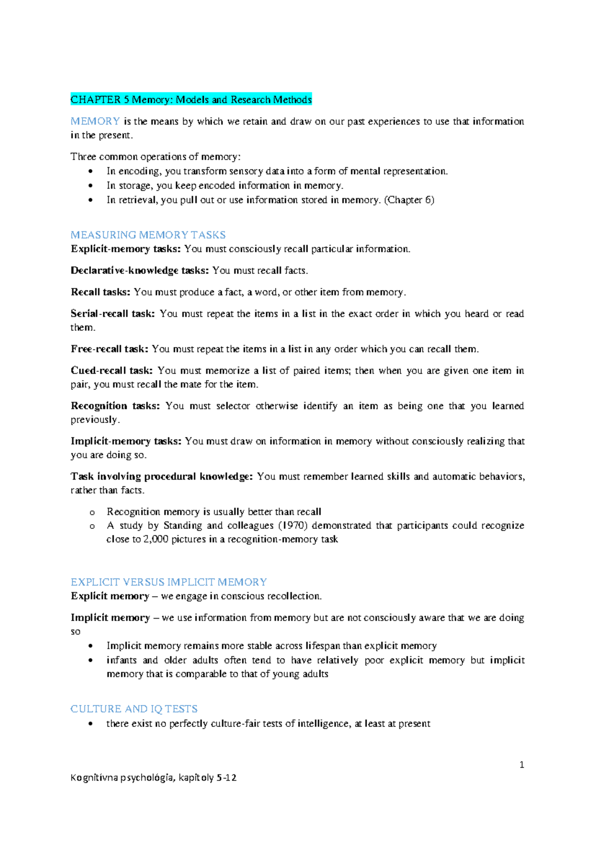 Notes-5-12 prezentácie - 1 CHAPTER 5 Memory: Models and Research ...