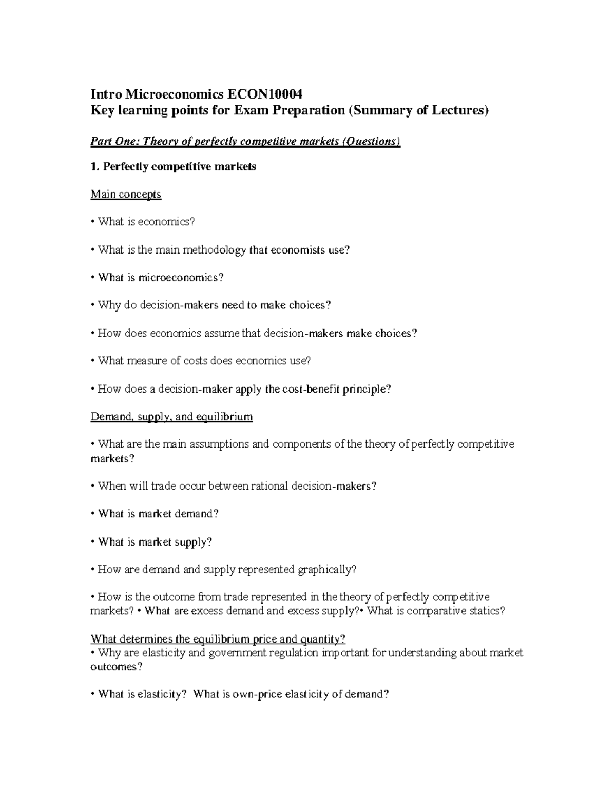 Econ 10004 Useful Notes For Final Exam Preparation - Intro ...