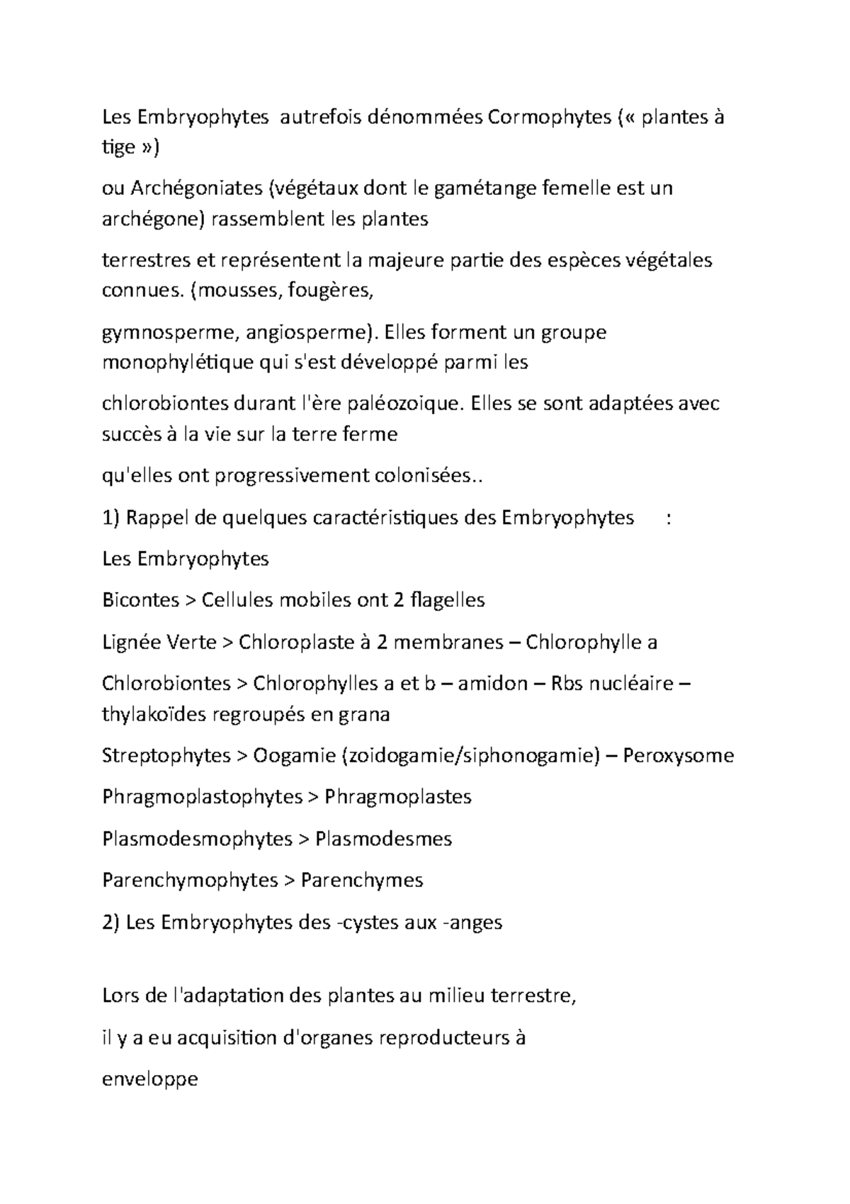 Embryophyte - résumé de cours - Les Embryophytes autrefois dénommées ...