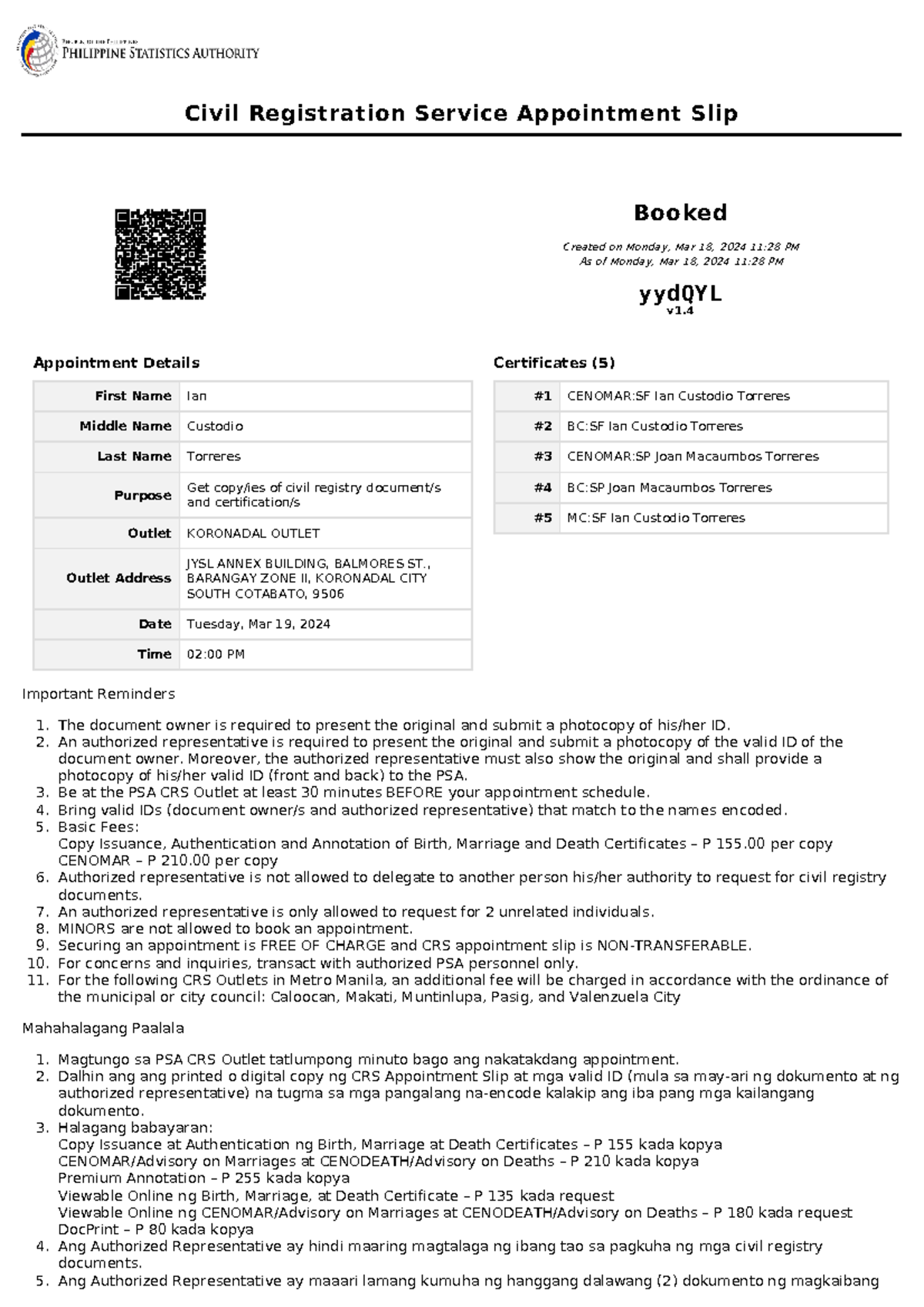 Document - Civil Registration Service Appointment Slip Booked Created ...