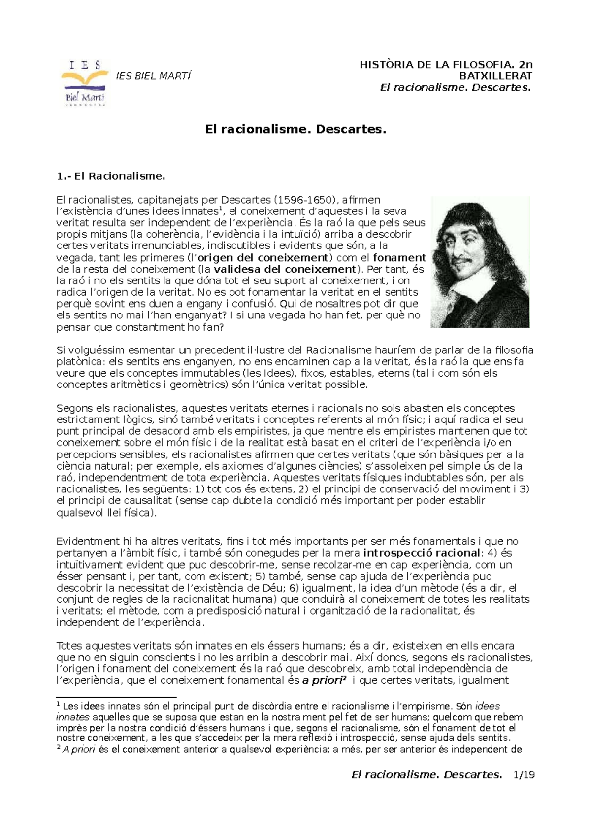 Racionalisme- Descartes 1516 - IES BIEL MARTÍ BATXILLERAT El ...