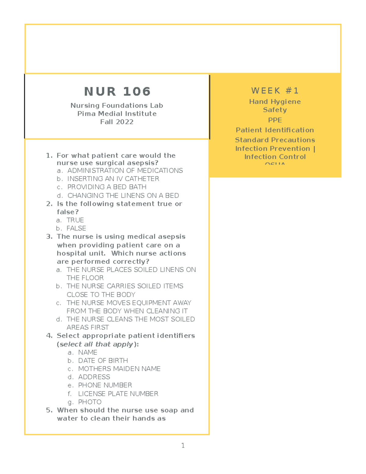 Mad Minute #1 - Practice Material - N U R 1 0 6 Nursing Foundations Lab ...