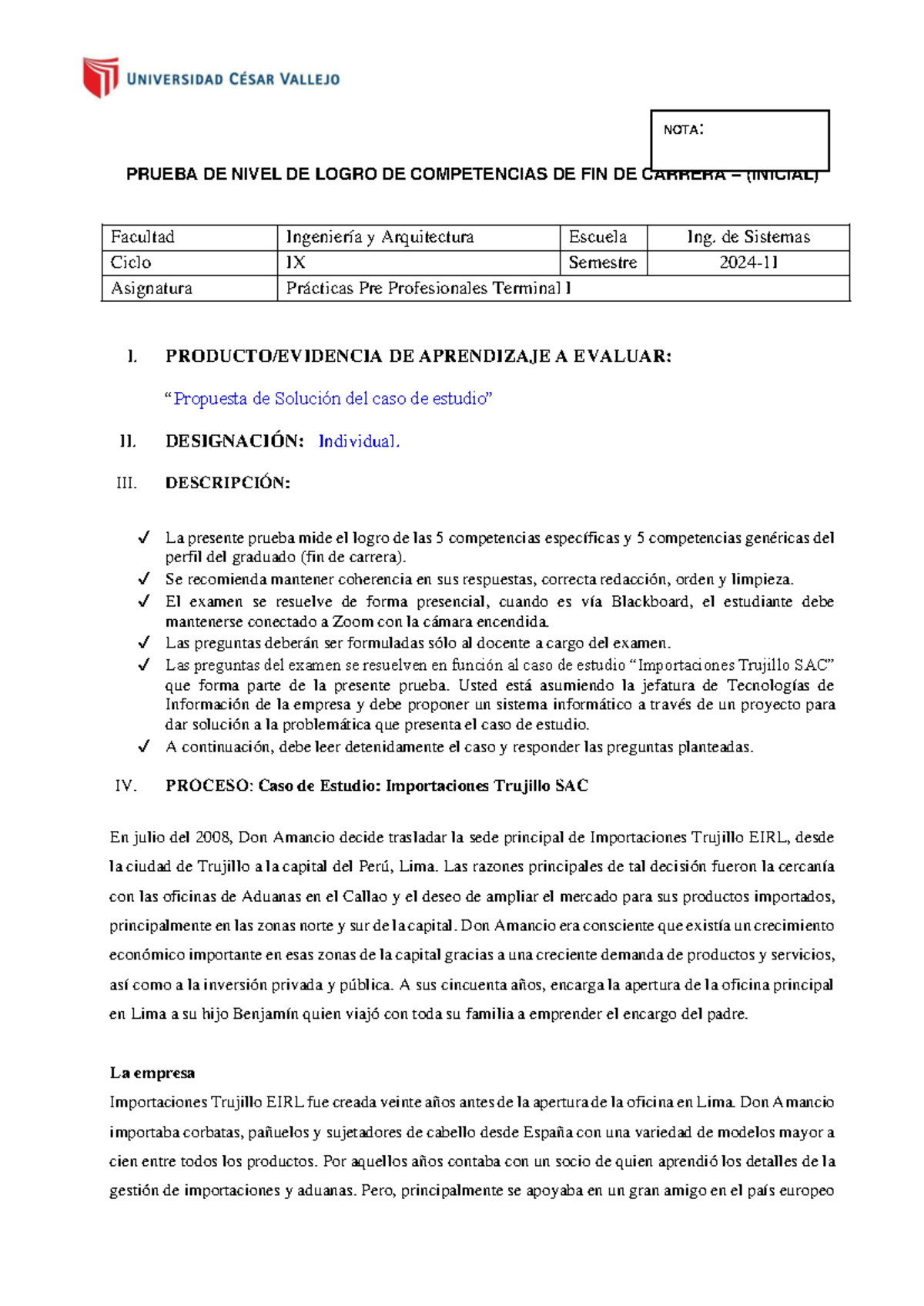 Examen PLC IV Nivel 2024-1I 9no Plan D (Entrada) - PRUEBA DE NIVEL DE LOGRO DE COMPETENCIAS DE ...