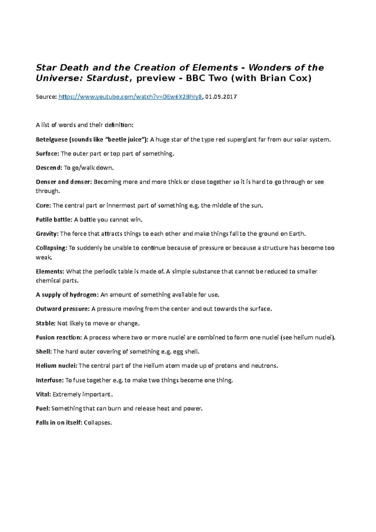 Brian Cox - Word definitions to Star Death and the Creation of Elements ...