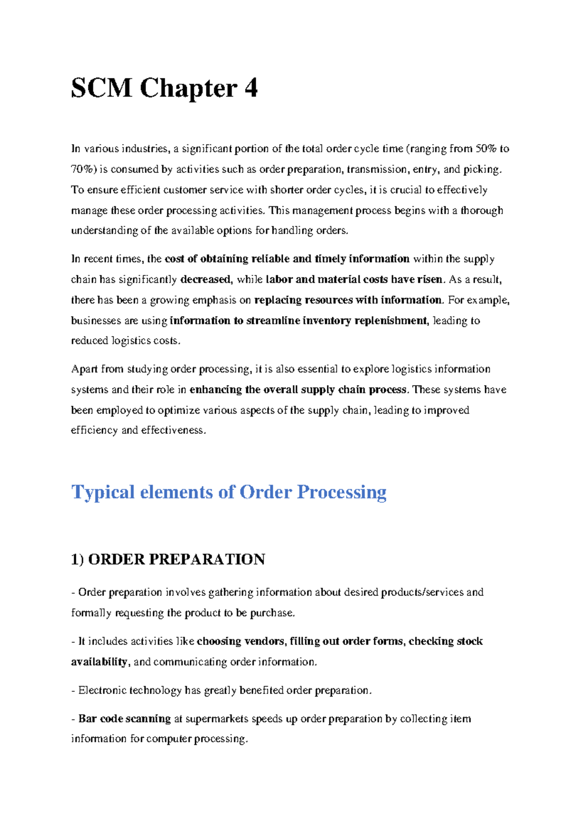 SCM Chapter FIVE - SCM Chapter 4 In various industries, a significant portion of the total order ...
