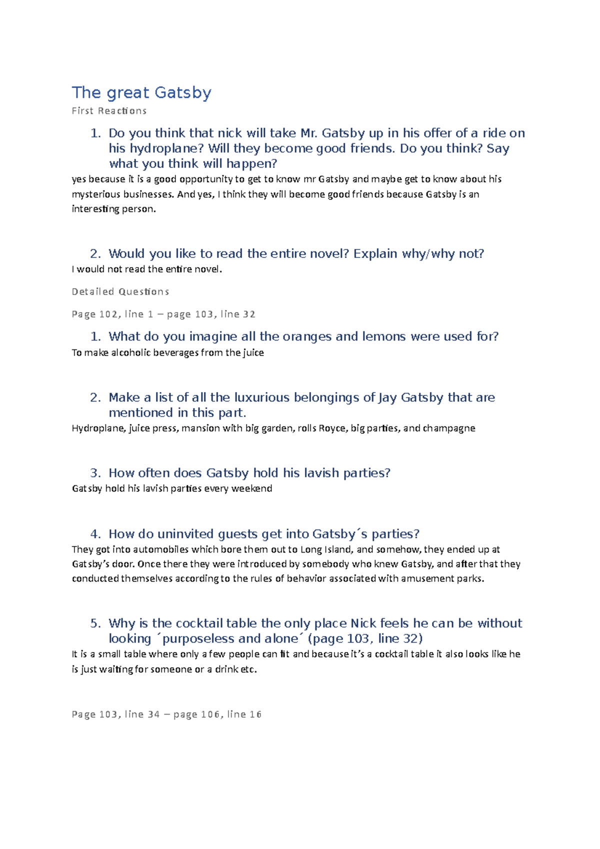 The great gatsby (hela) - The great Gatsby First Reactions 1. Do you ...