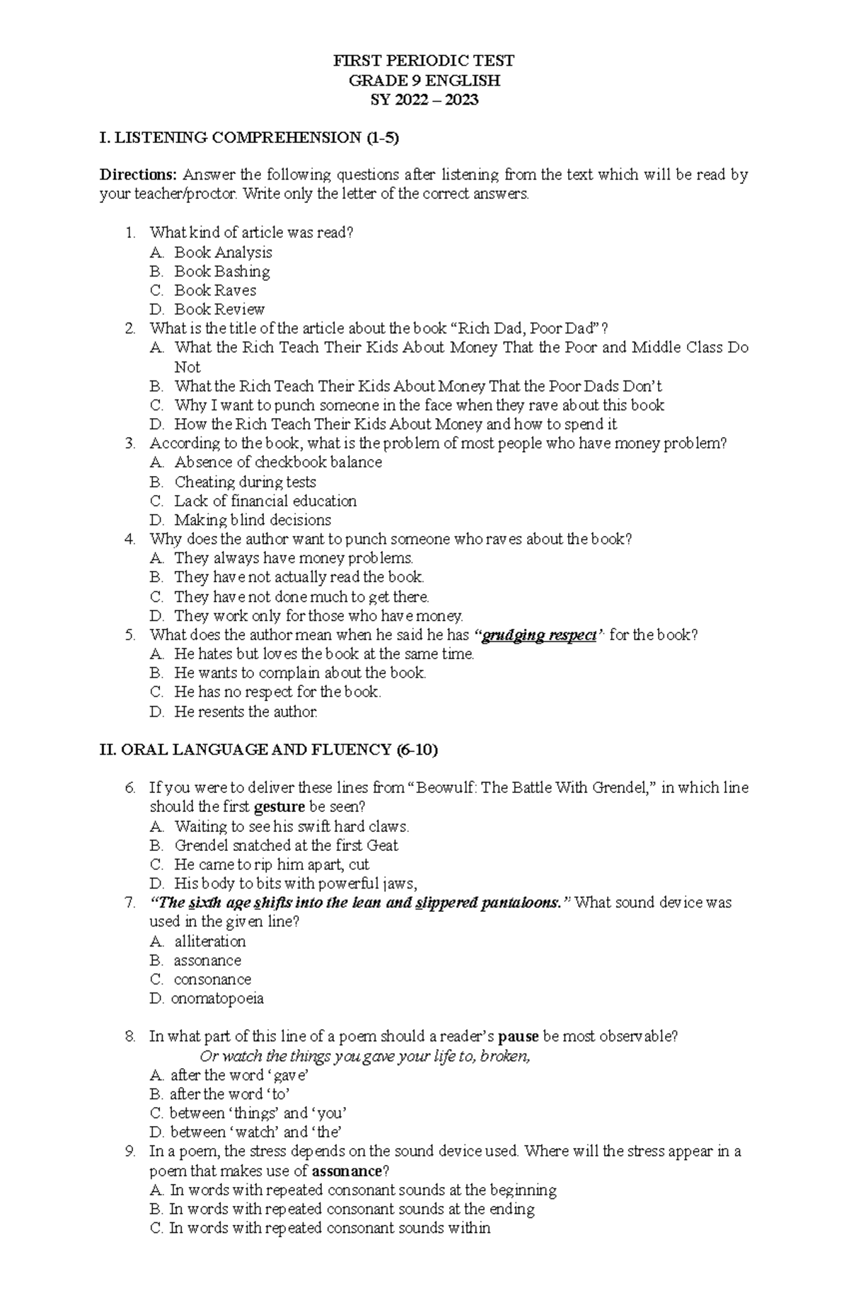 PT English 9 Q1 a - FIRST PERIODIC TEST GRADE 9 ENGLISH SY 2022 – 2023 ...