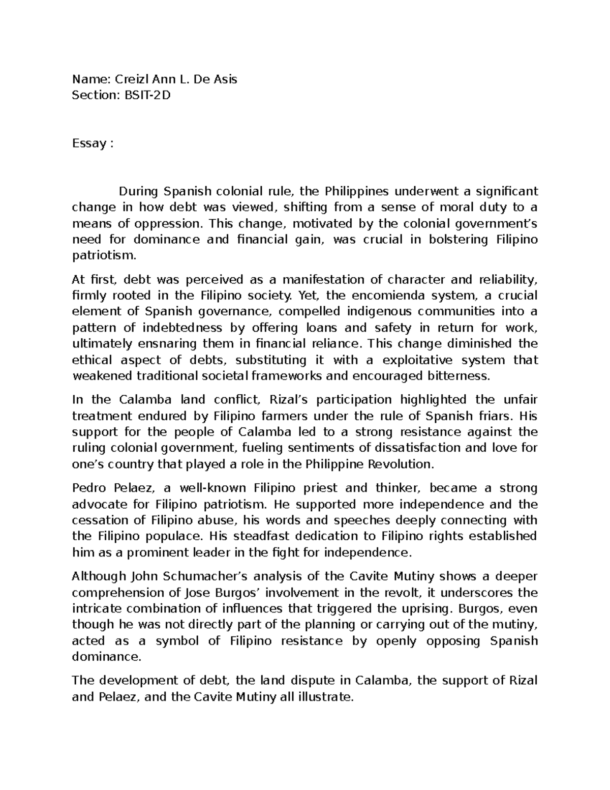 03Essay Rizal - This essay reflection about the Spanish colonial - Name ...