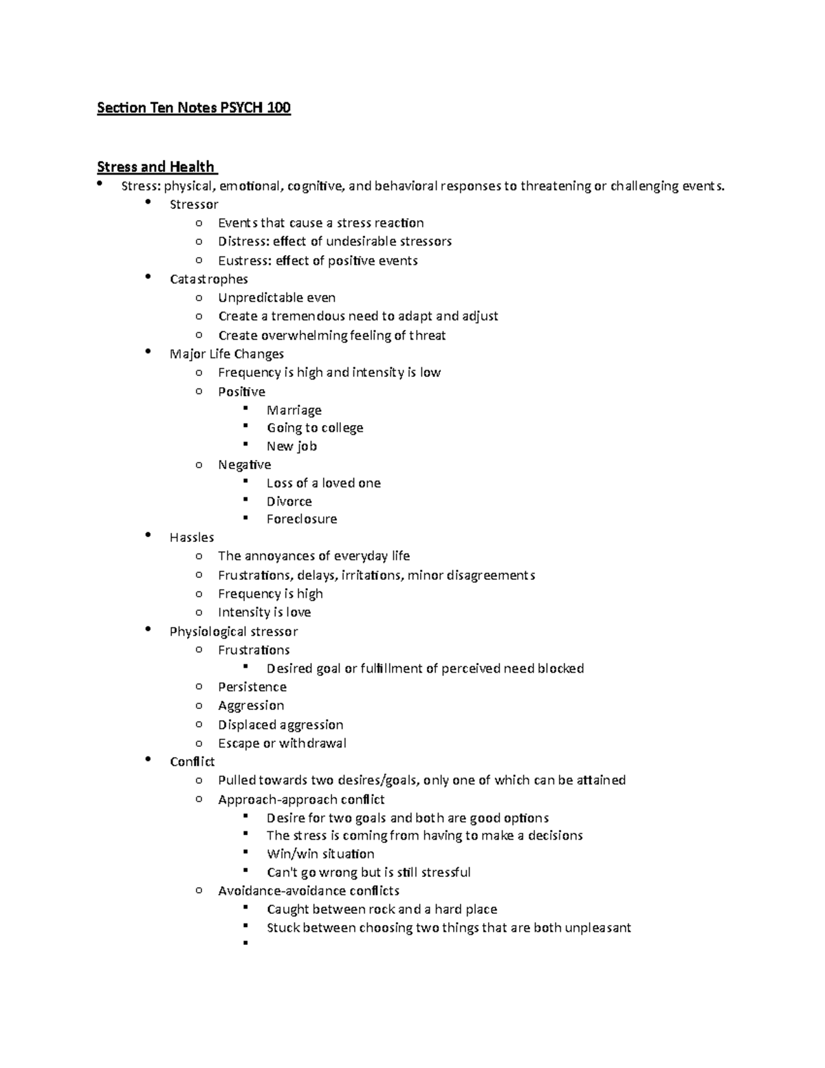 Section Ten Notes PSYCH 100 - Stressor o Events that cause a stress ...
