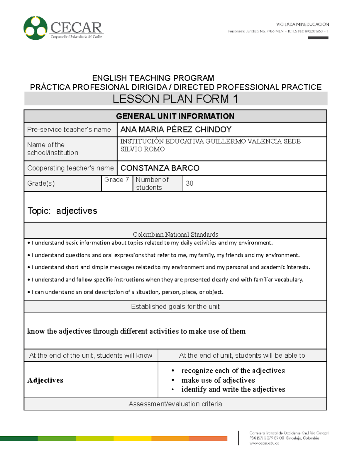 Class plans 8 hours totally 16 - ENGLISH TEACHING PROGRAM PRÁCTICA ...