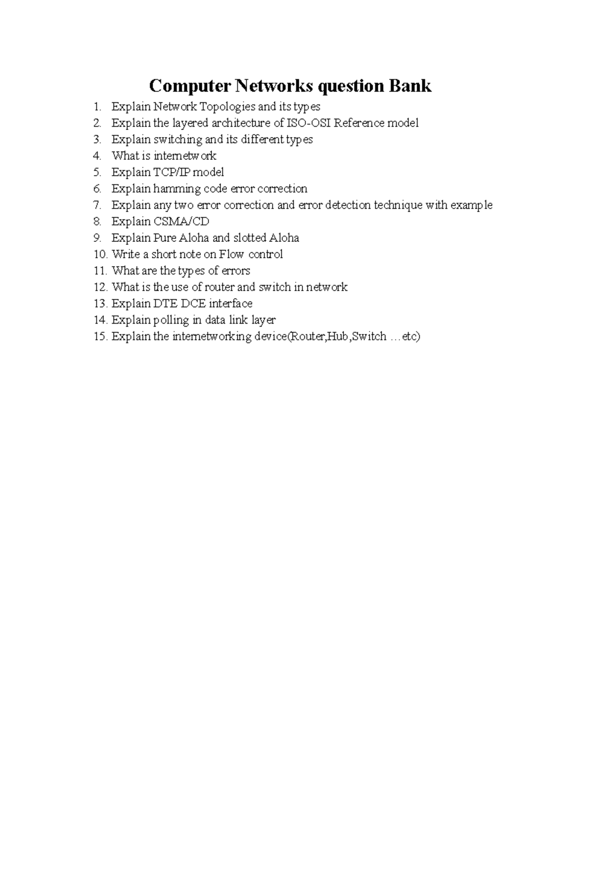 Computer Network Questionn Bank Question Bank Computer Networks Question Bank Explain Network