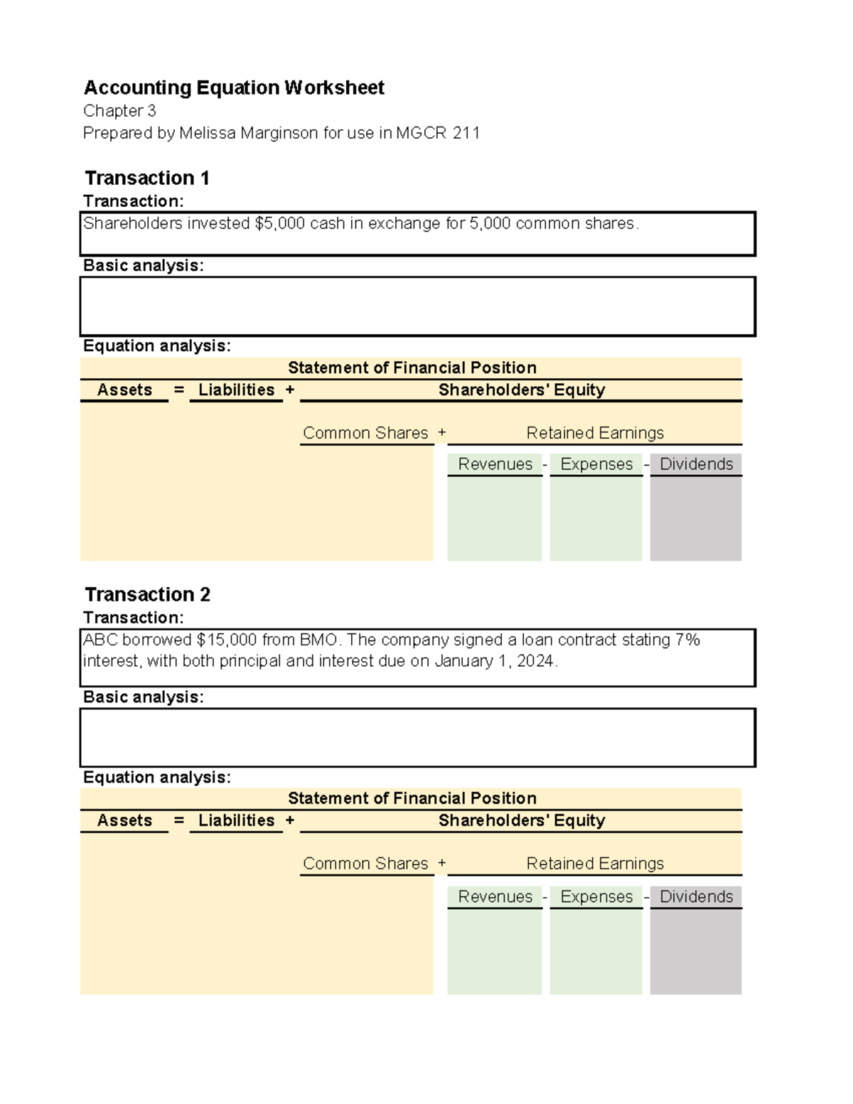 Worksheet from Chapter 3 - Accounting Equation Worksheet Chapter 3 ...