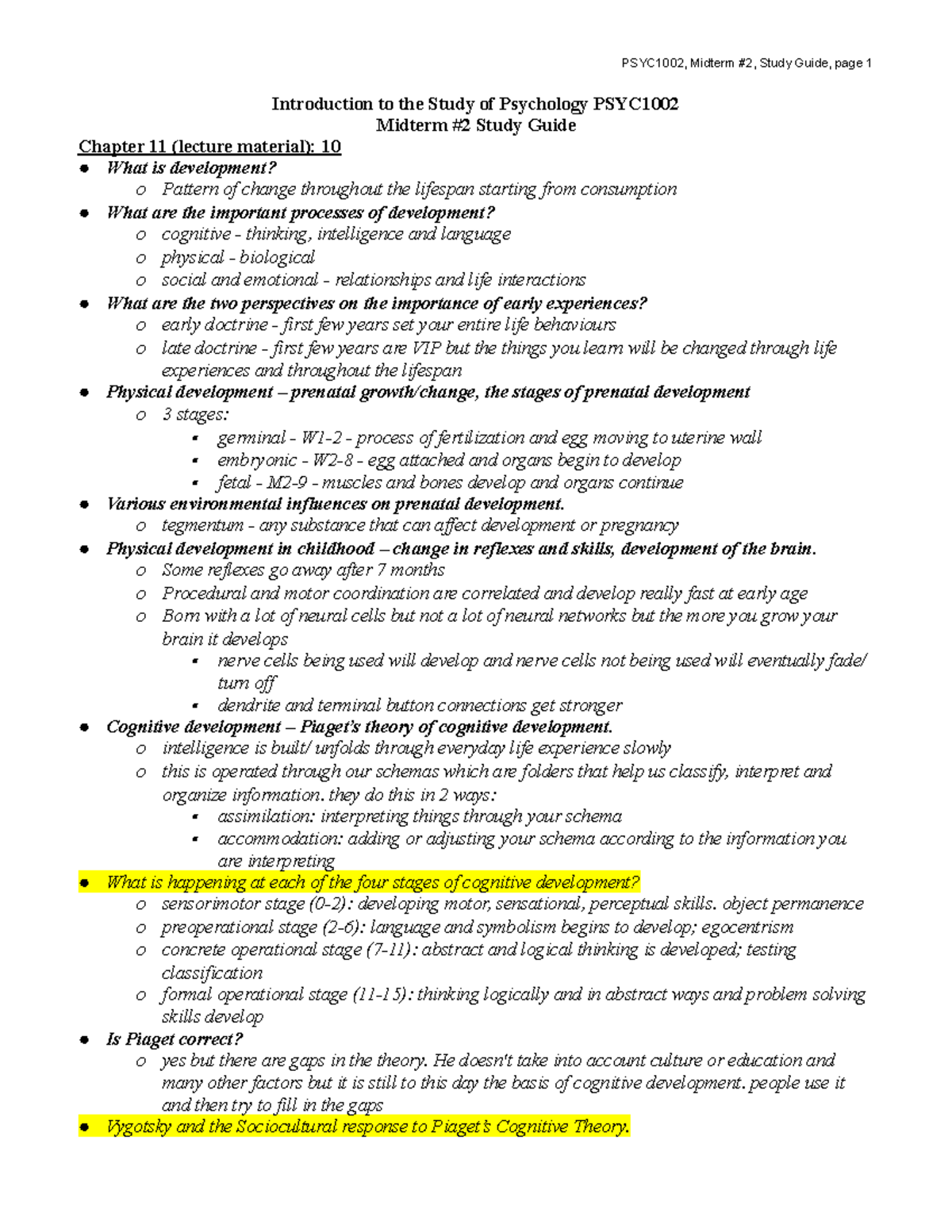 PSYC1002 Midterm 2 Study Guide - Introduction to the Study of Psychology PSYC Midterm #2 Study ...