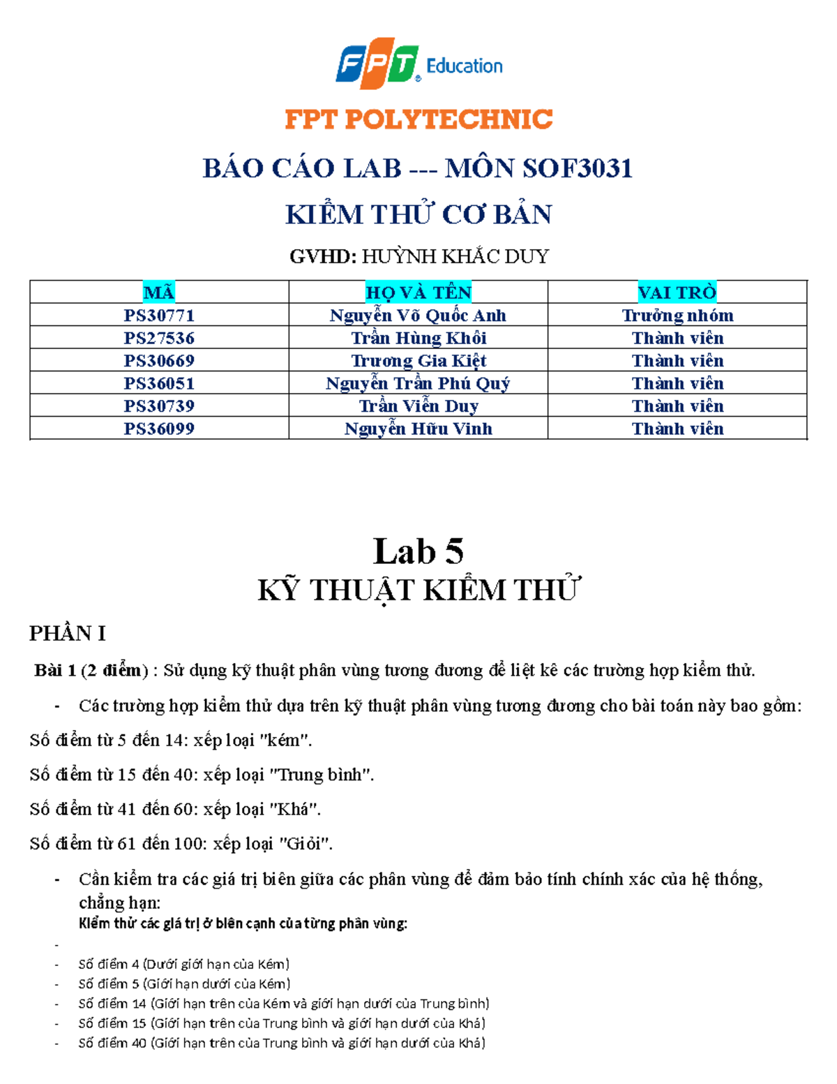 Kiemthu Lab5 - lab5 kiểm thử - BÁO CÁO LAB - MÔN SOF KIỂM THỬ CƠ BẢN GVHD: HUỲNH KHẮC DUY MÃ HỌ ...