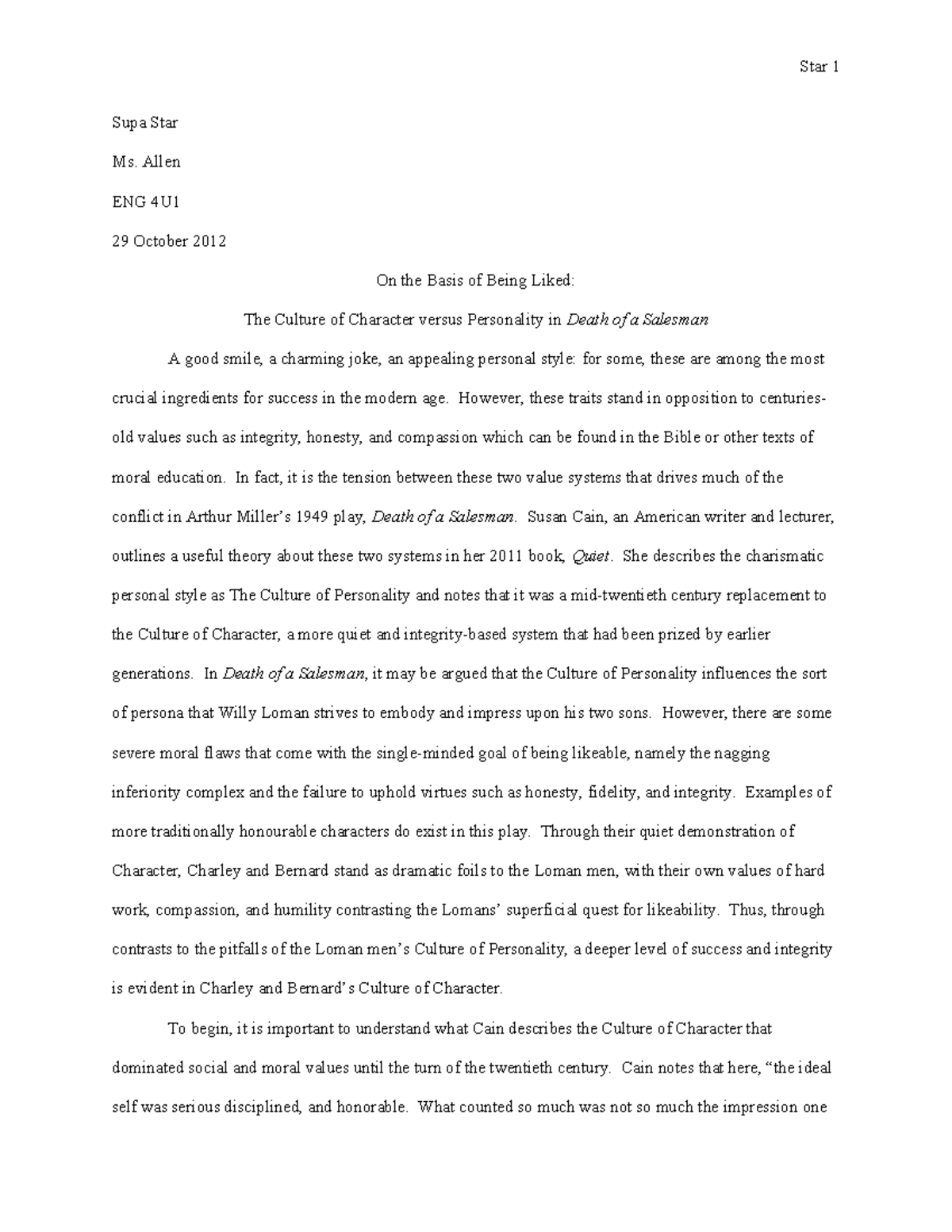 Sample Salesman Essay - Copy - Supa Star Ms. Allen ENG 4U 29 October ...