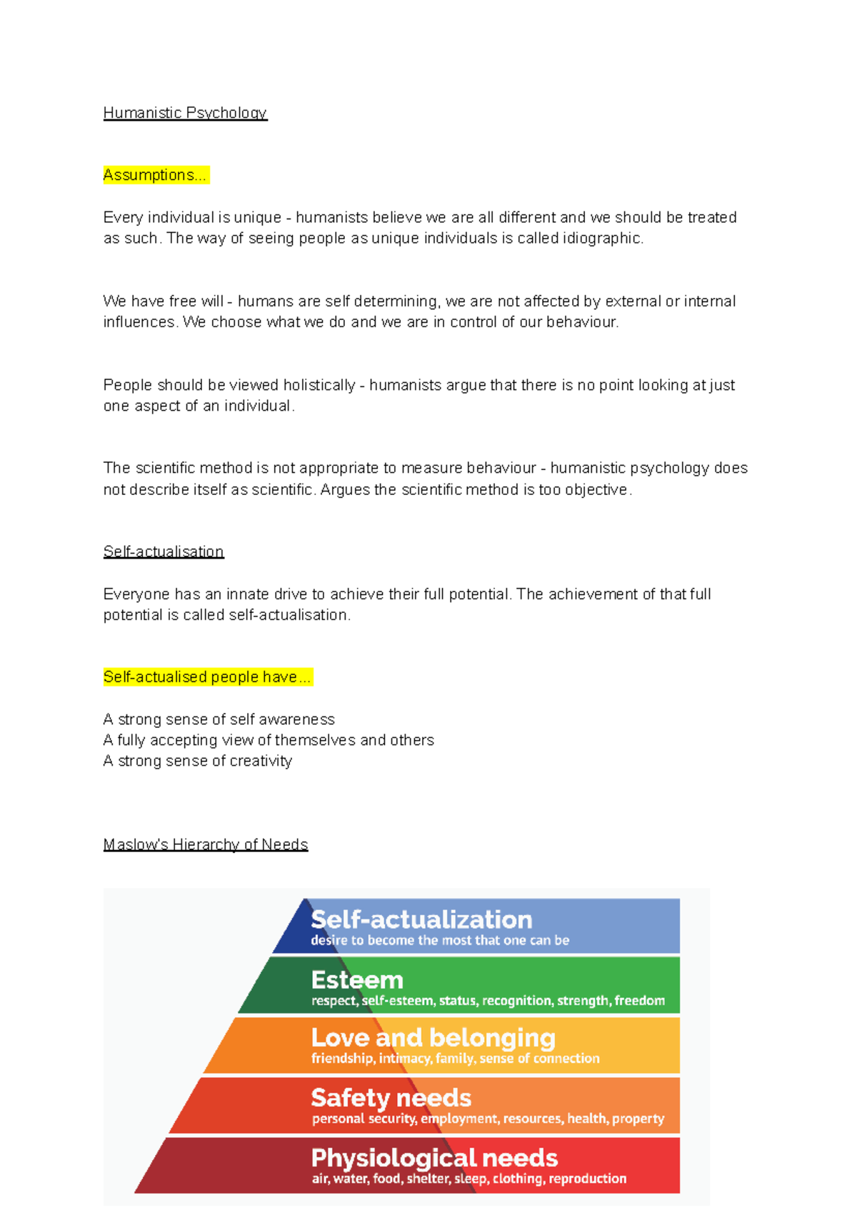 Humanistic Approach - Exam Notes - Humanistic Psychology Assumptions ...