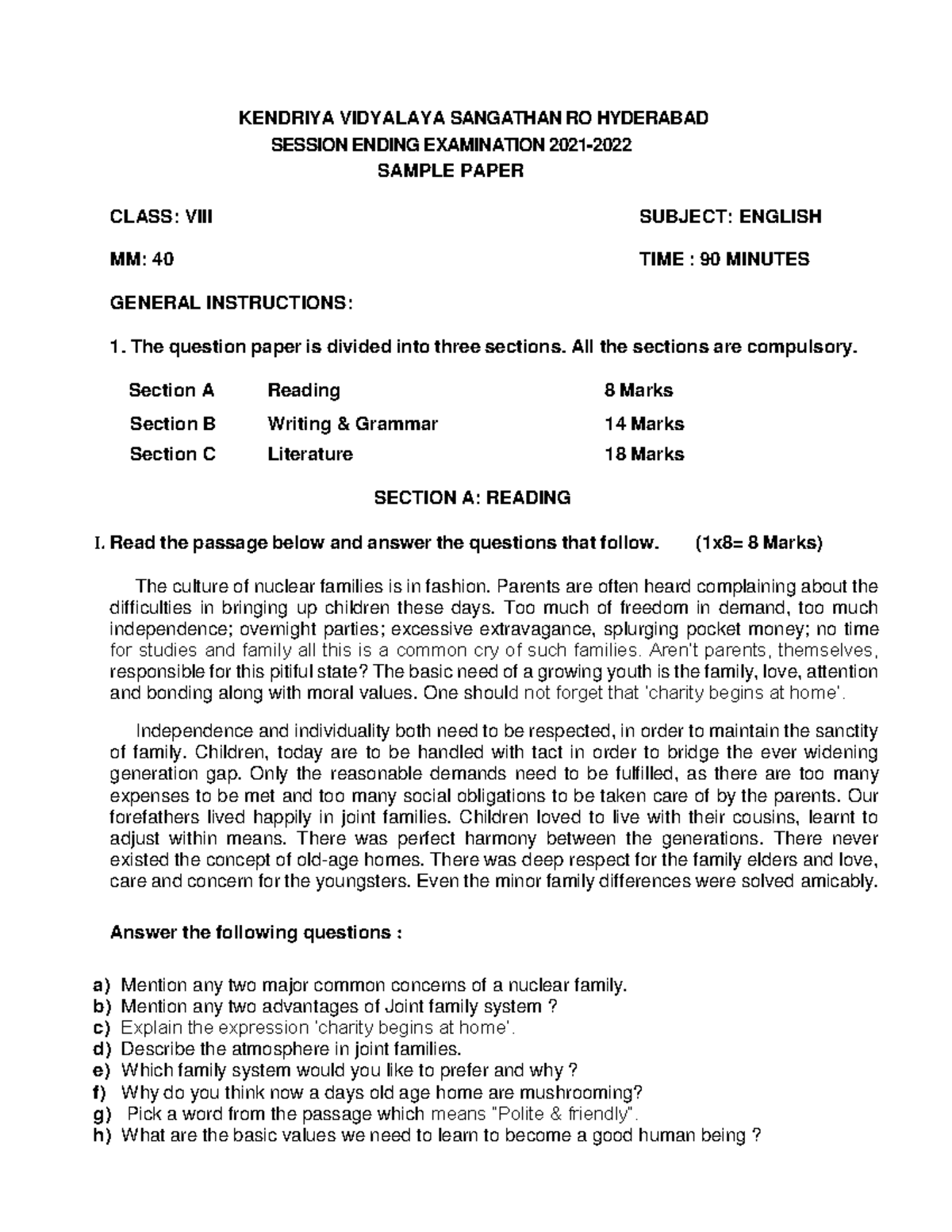 VIII English sample paper - KENDRIYA VIDYALAYA SANGATHAN RO HYDERABAD ...