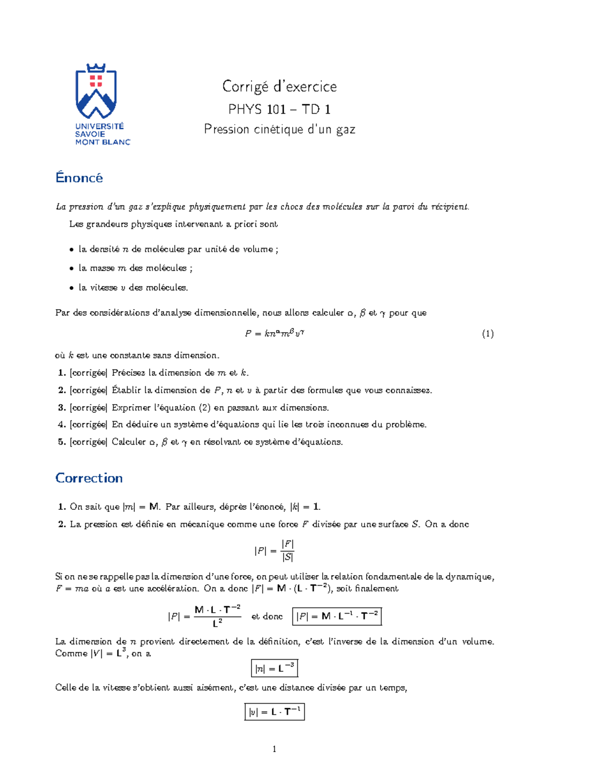 Corrigé TD1 exo pression gaz - Corrigé d’exercice PHYS 101 – TD 1 ...